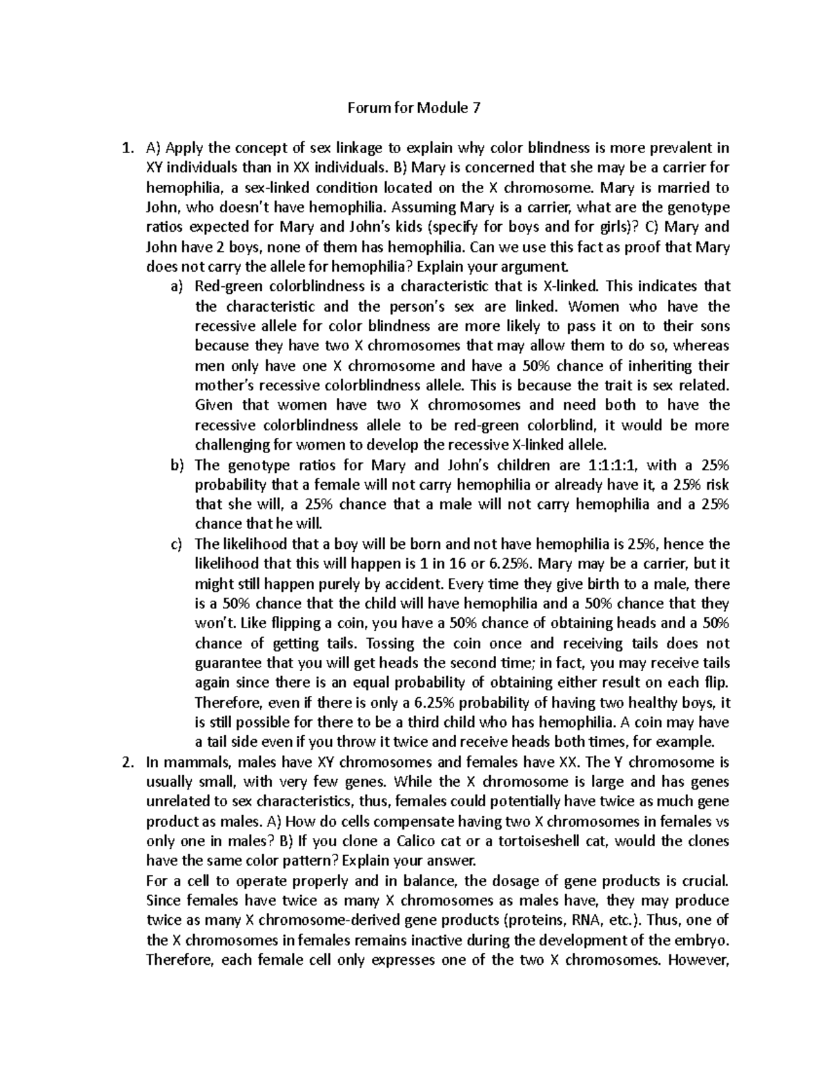 Forum For Module 7 Classwork Week 7 Forum For Module 7 A Apply The Concept Of Sex Linkage