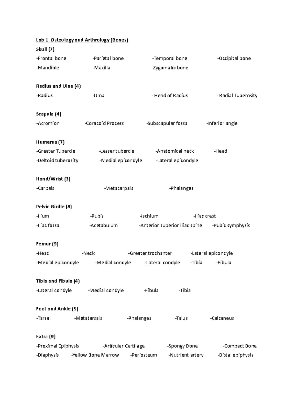 Lab Anatomy list - Lab 1 Osteology and Arthrology (Bones) Skull (7 ...