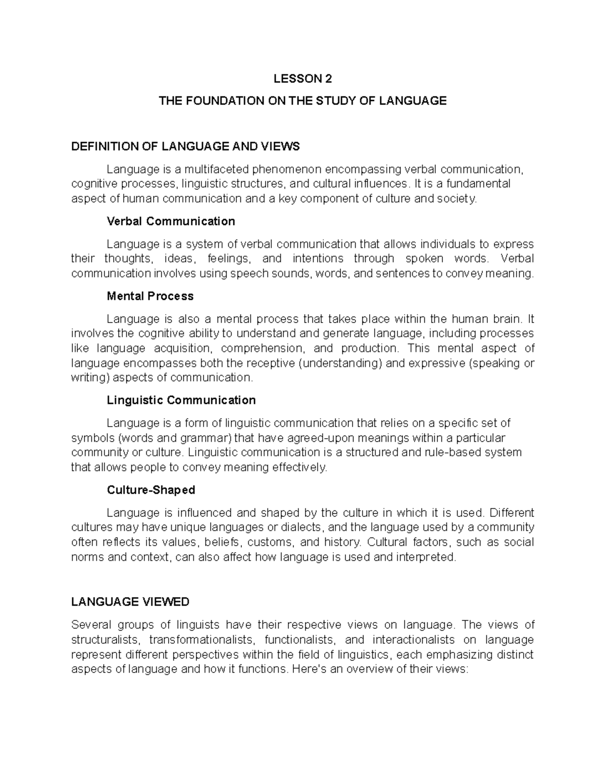 LING1- Lesson-2 - NOTES FOR 1ST YEAR STUDENTS OF BSED ENGLISH - LESSON ...