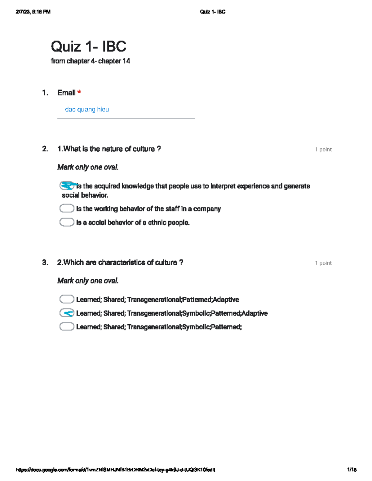 IBC quiz 1-done - hieu dep trai - Cross Cultural Management and ...