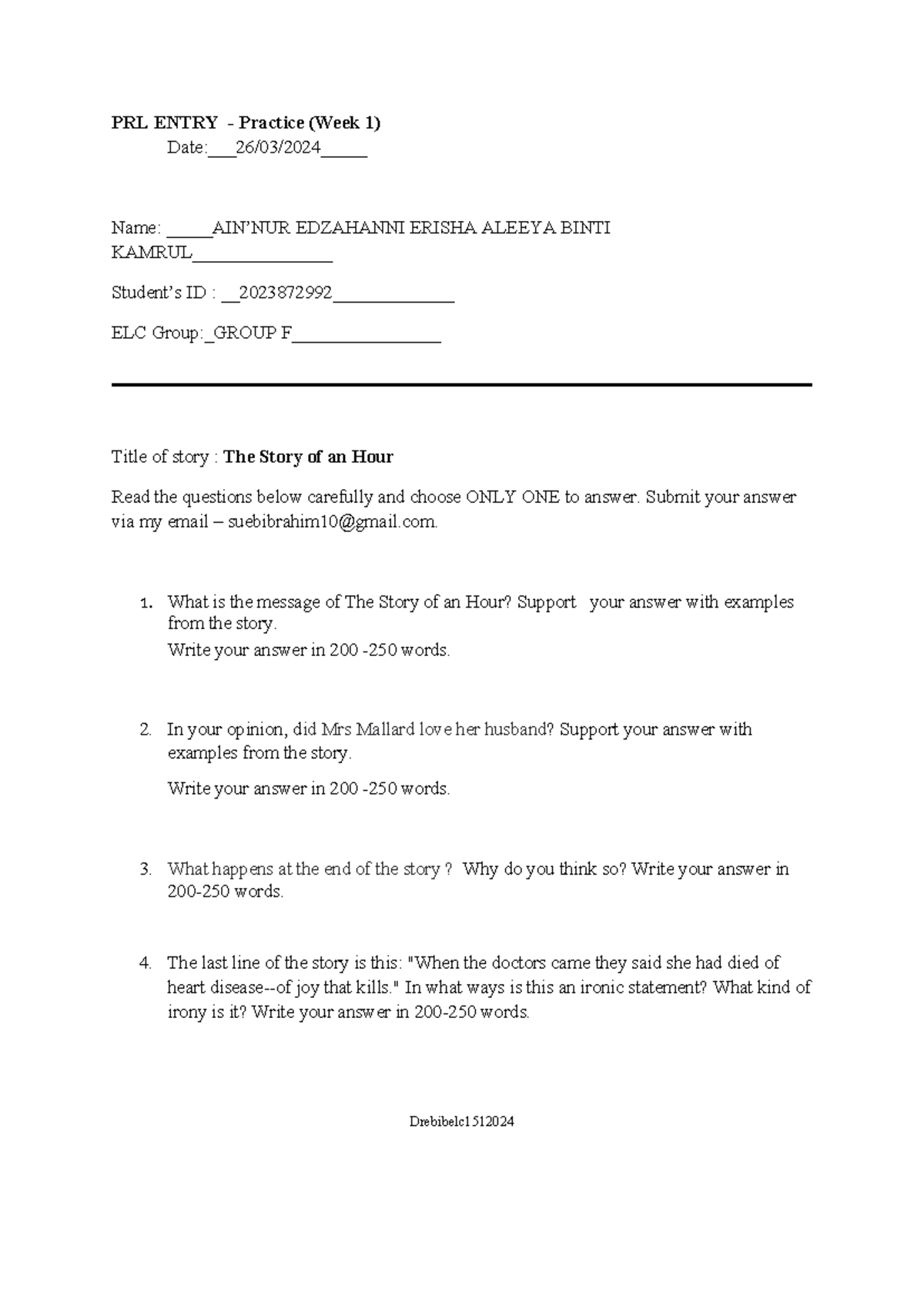ELC 151 Short Story - PRL ENTRY - Practice (Week 1) Date:26/03/2024 ...