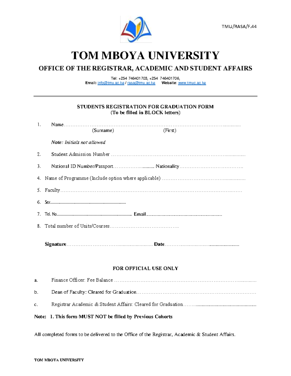 Registration FOR Graduation FORM- Current Students (1) - TMU/RASA/F ...