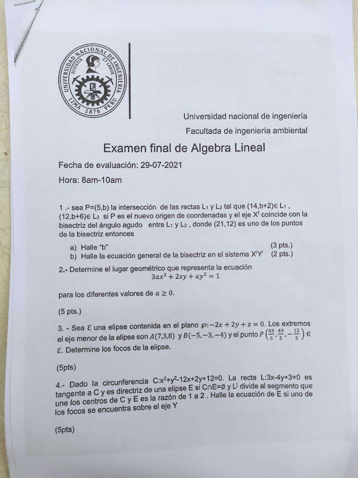 Examen Final Algebra Lineal 2021 1 UNI FIA - NACIONAL HOMELAND SECURITY GROUND DE UNIVERSITY ...