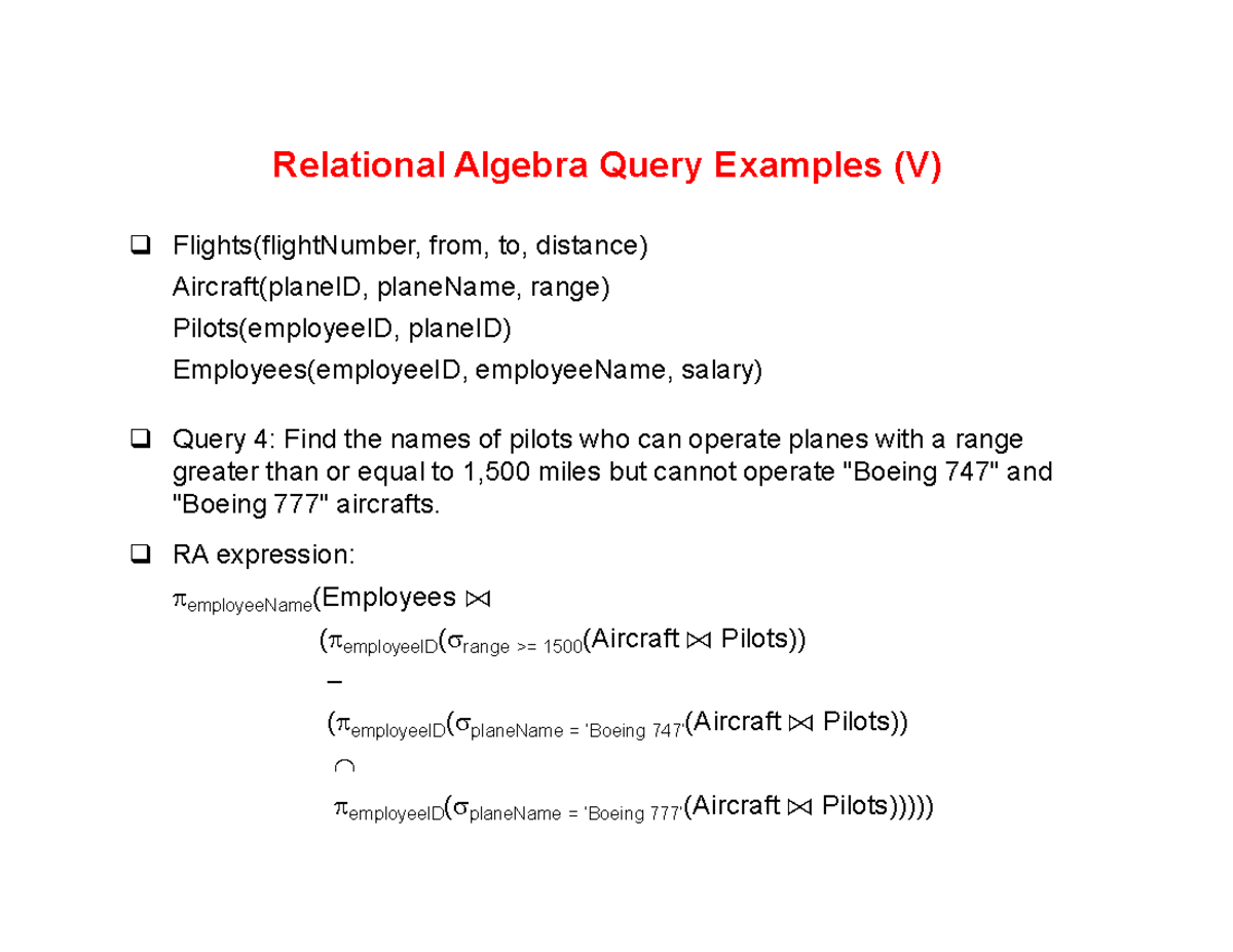 Lecture 10 - Dr. Markus Schneider - Relational Algebra Query Examples ...