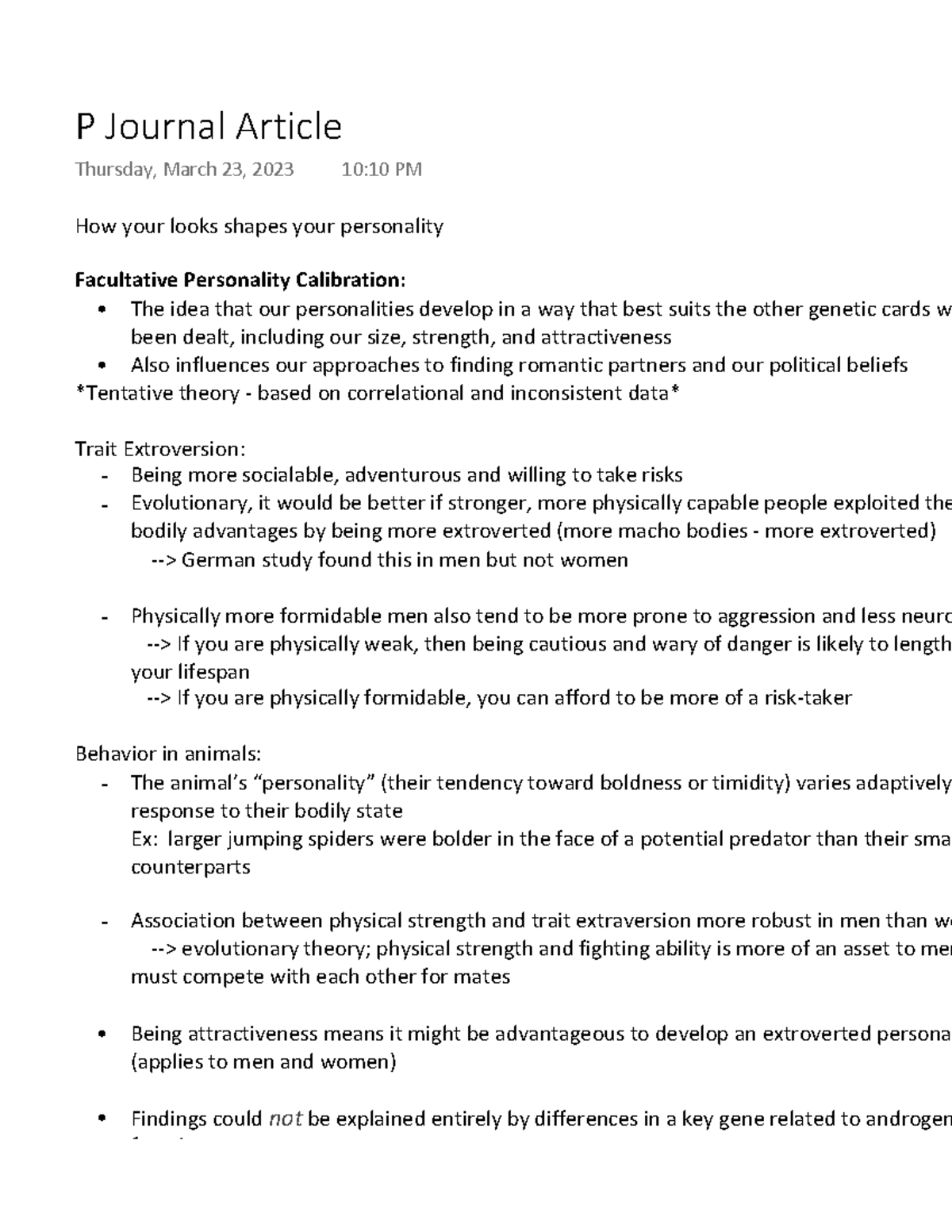Personality Journal Article Notes - PSYCH 1XX3 - McMaster - Studocu