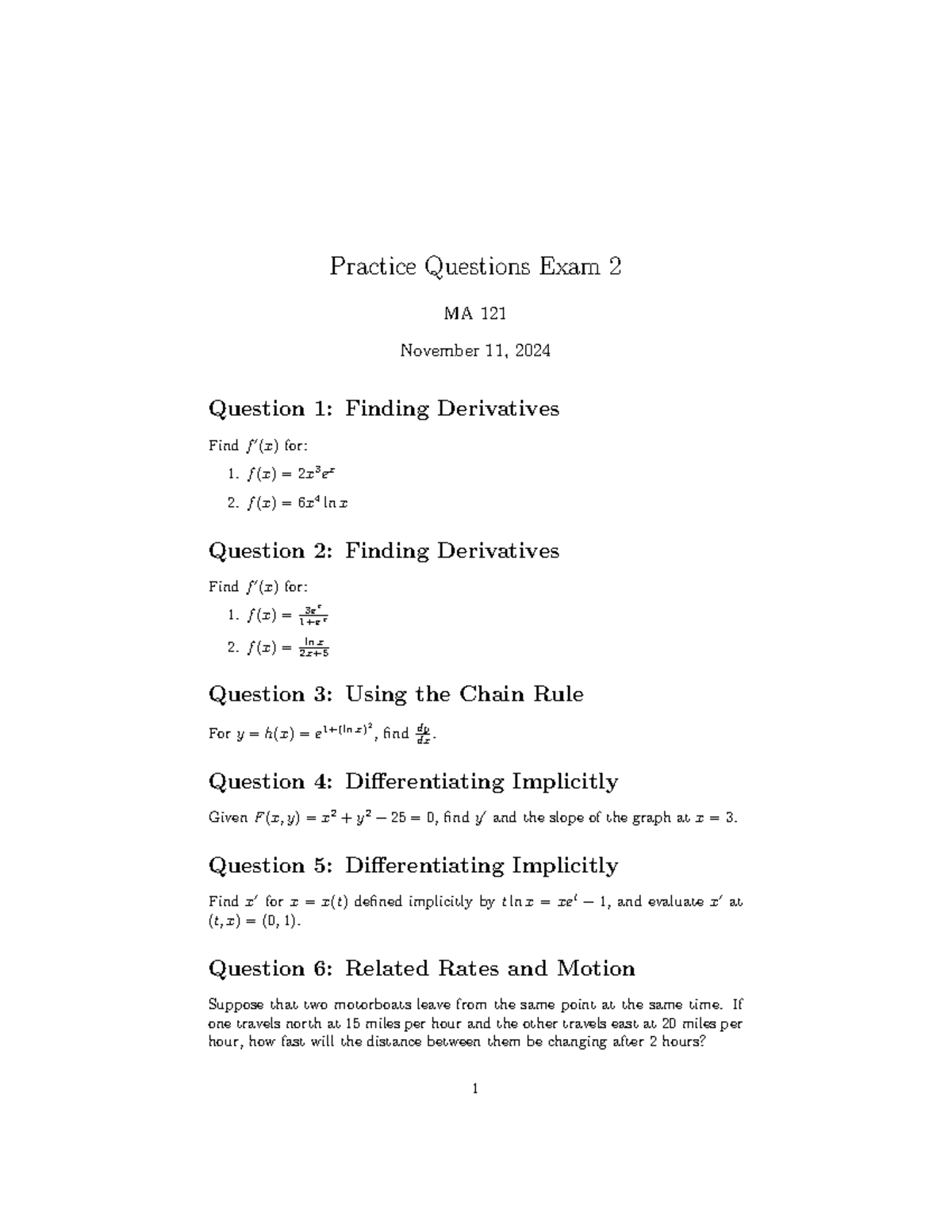 CAL 121 Practice exam 2 - Practice Questions Exam 2 MA 121 November 11 ...