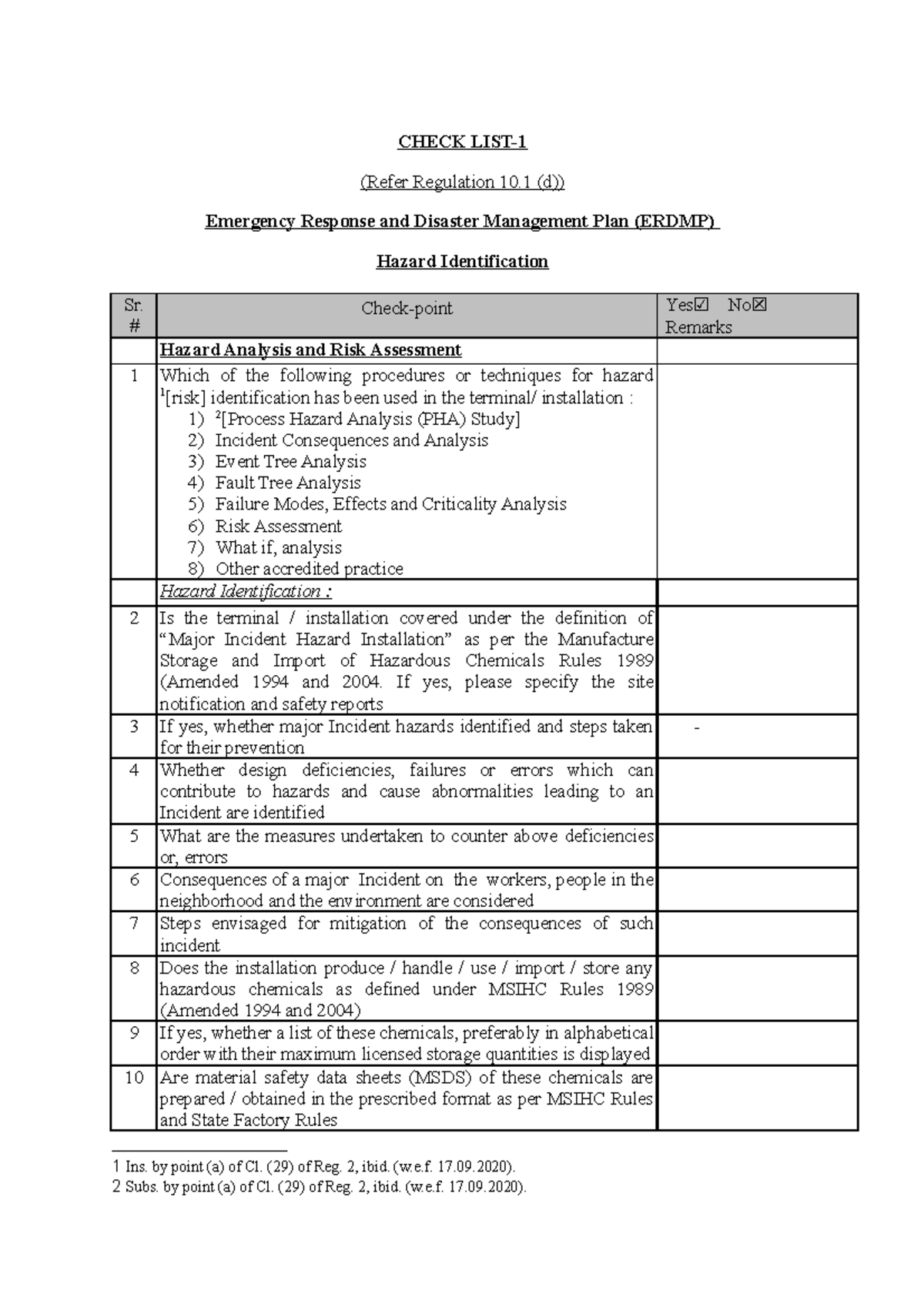 Erdmp Checklists - (Refer Regulation 10 (d)) Emergency Response and ...
