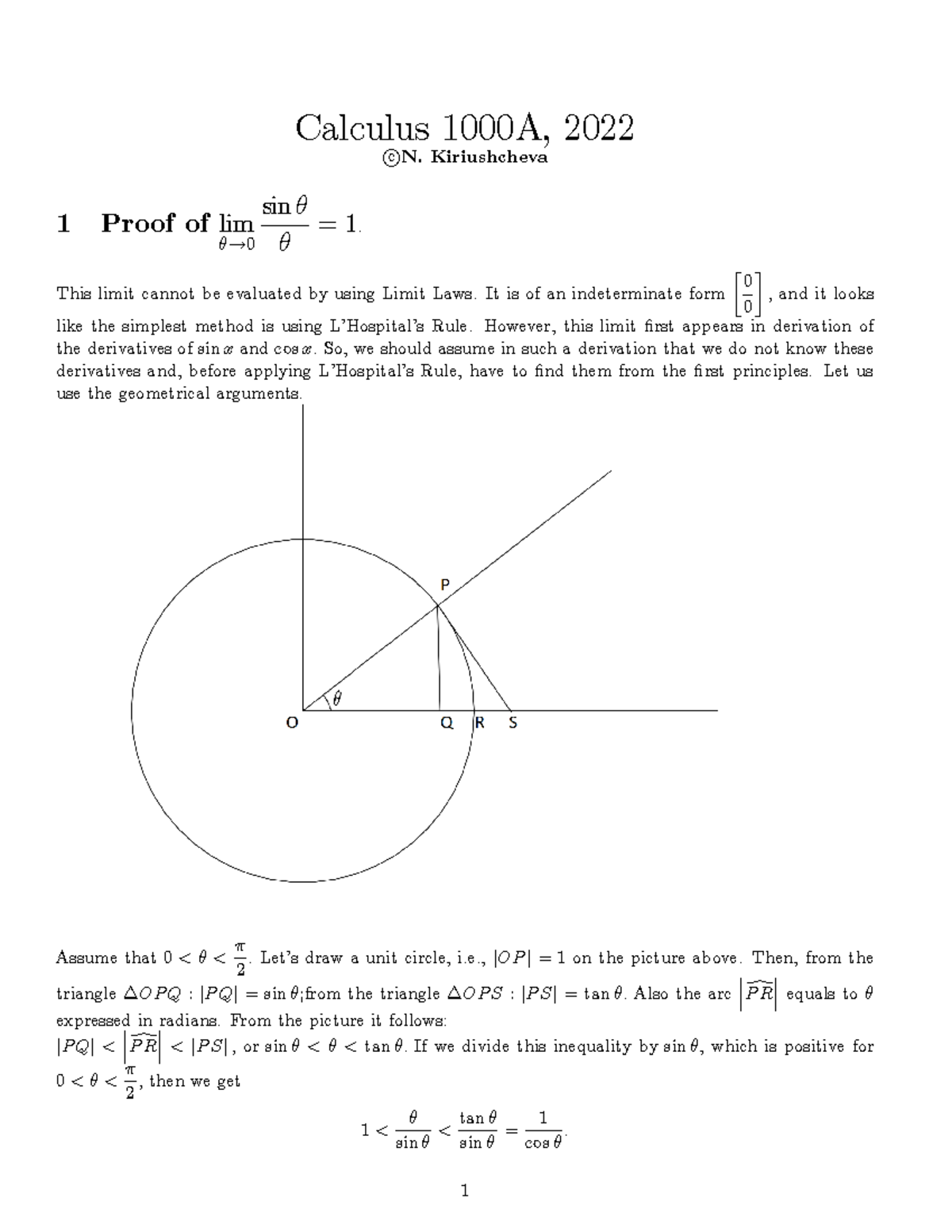 Two limits for sinx and cosx - Calculus 1000A, 2022 c N. Kiriushcheva 1 ...