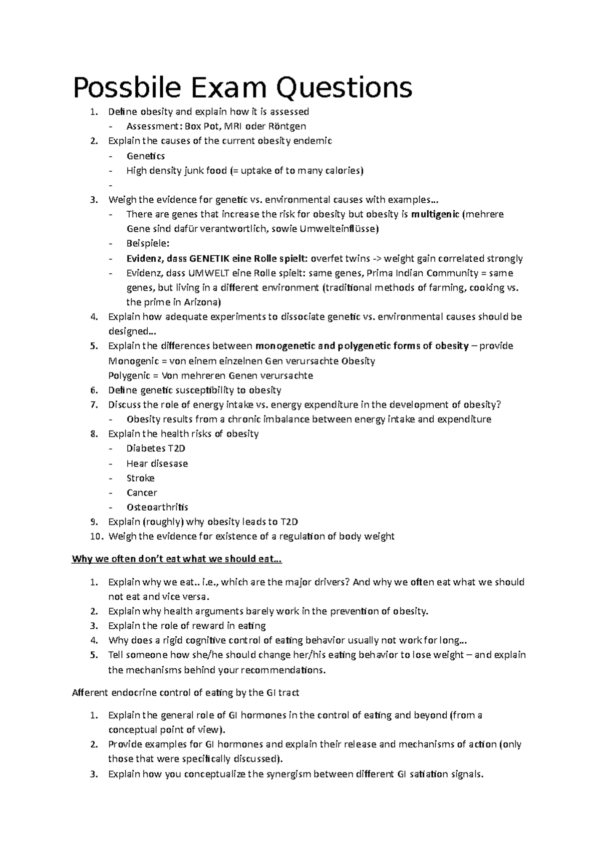 Possible Exam Questions - Possbile Exam Questions Define obesity and ...