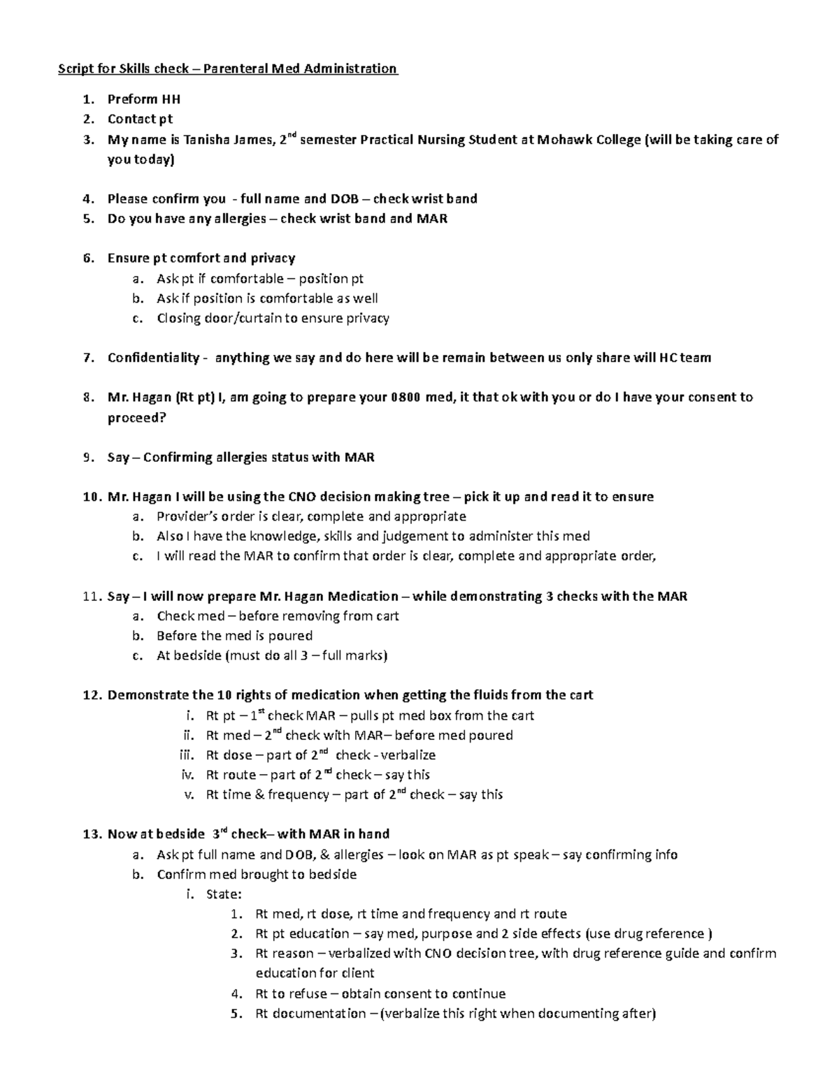 Parenteral med admin - Script for Skills check - Script for Skills ...