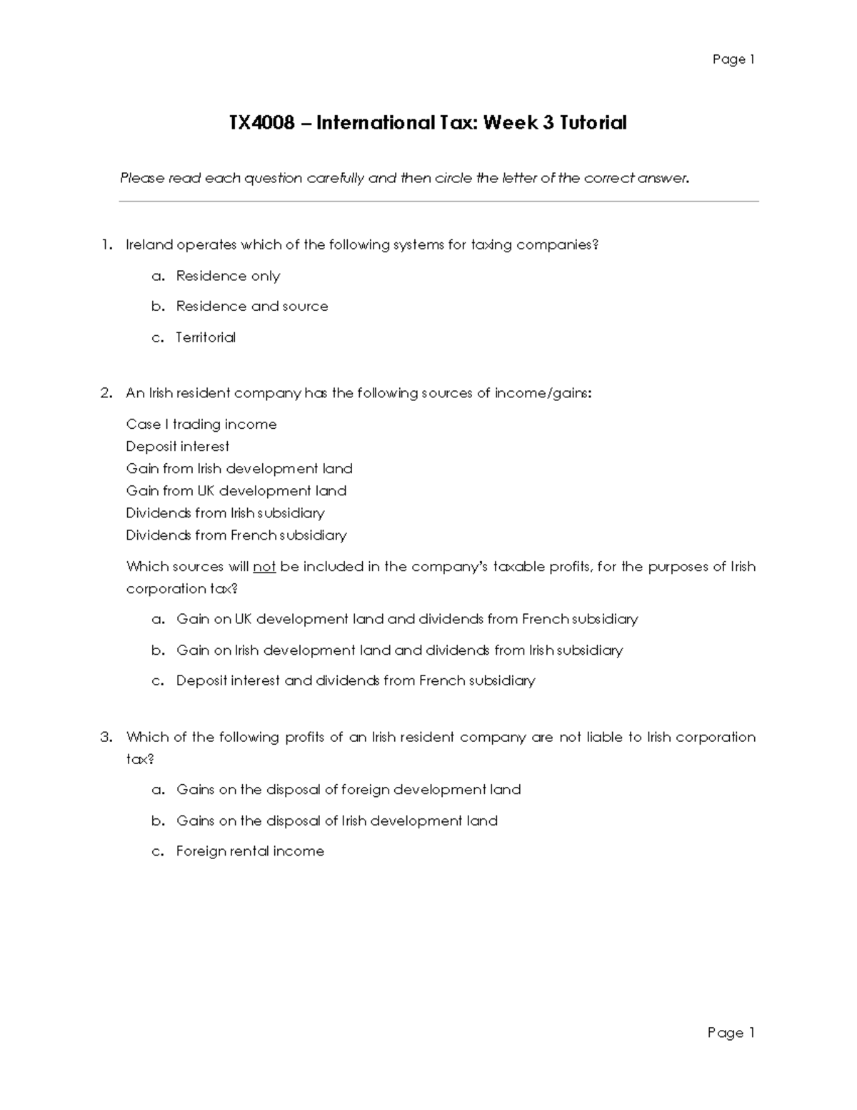 Wk4 Tutorial MCQs - Page 1 Page 1 TX4008 – International Tax: Week 3 ...