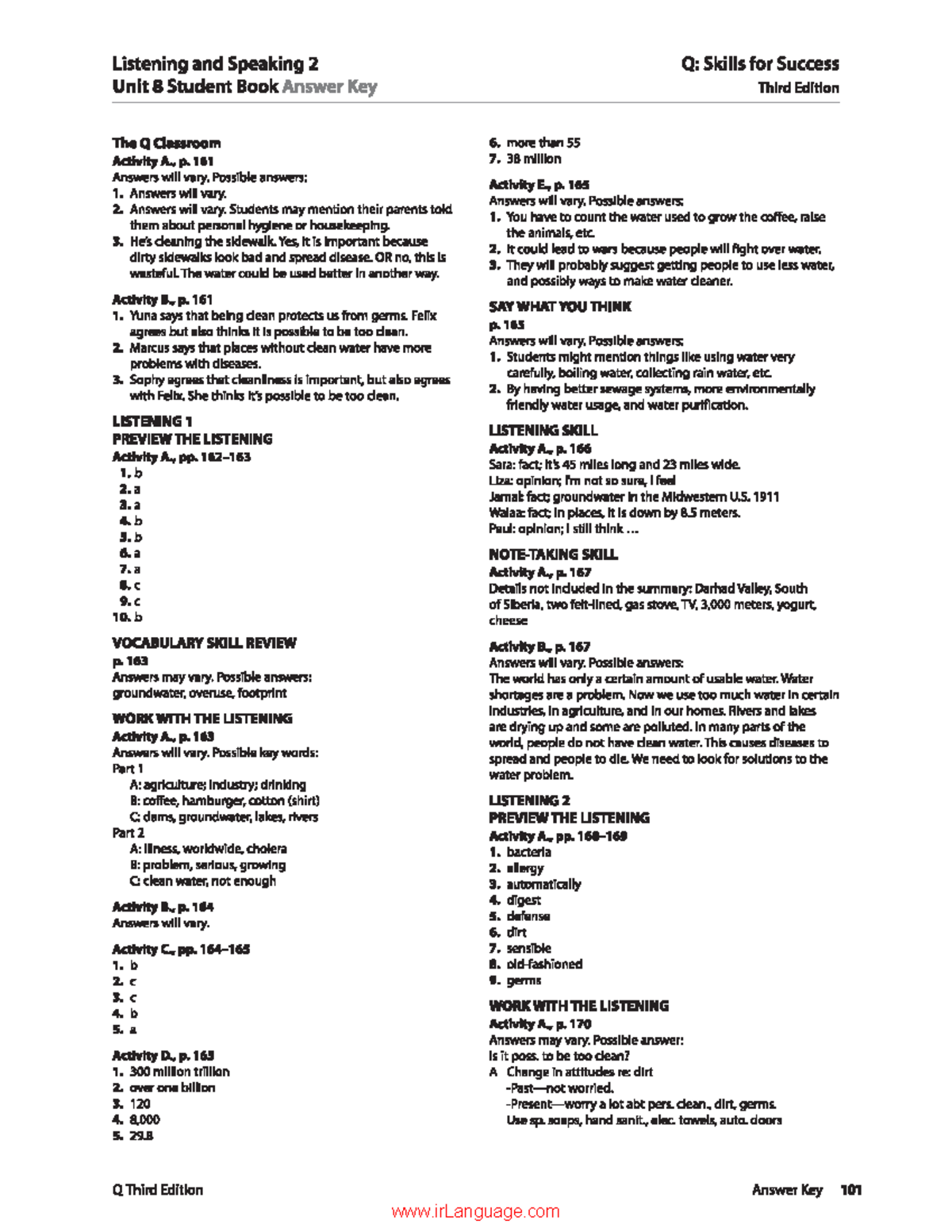 Keys - keys for english - Tiếng anh 1 - irLanguage - Studocu