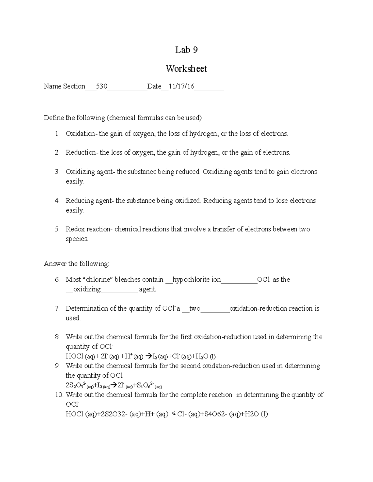 Worksheet Lab 9 Lab 9 Worksheet Name Section 530 Date 11