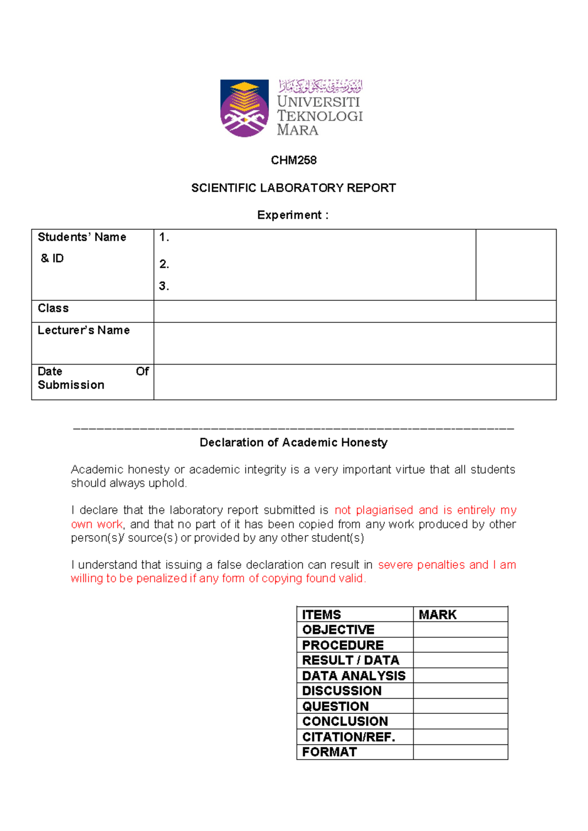 Scientific Laboratory Report Cover PAGE - CHM SCIENTIFIC LABORATORY ...
