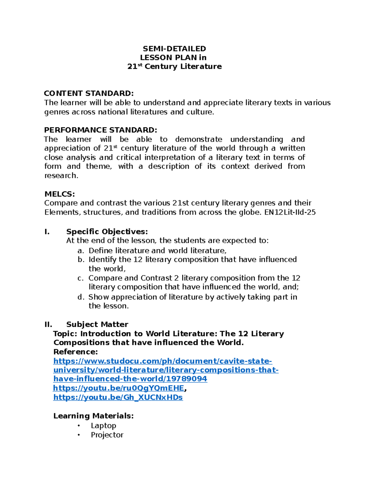 Introduction to World Literature - SEMI-DETAILED LESSON PLAN in 21 st ...