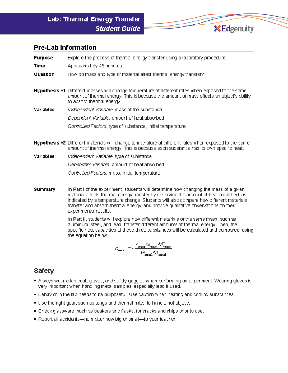 Lab-thermal energy transfer-student guide - Pre-Lab Information Purpose ...