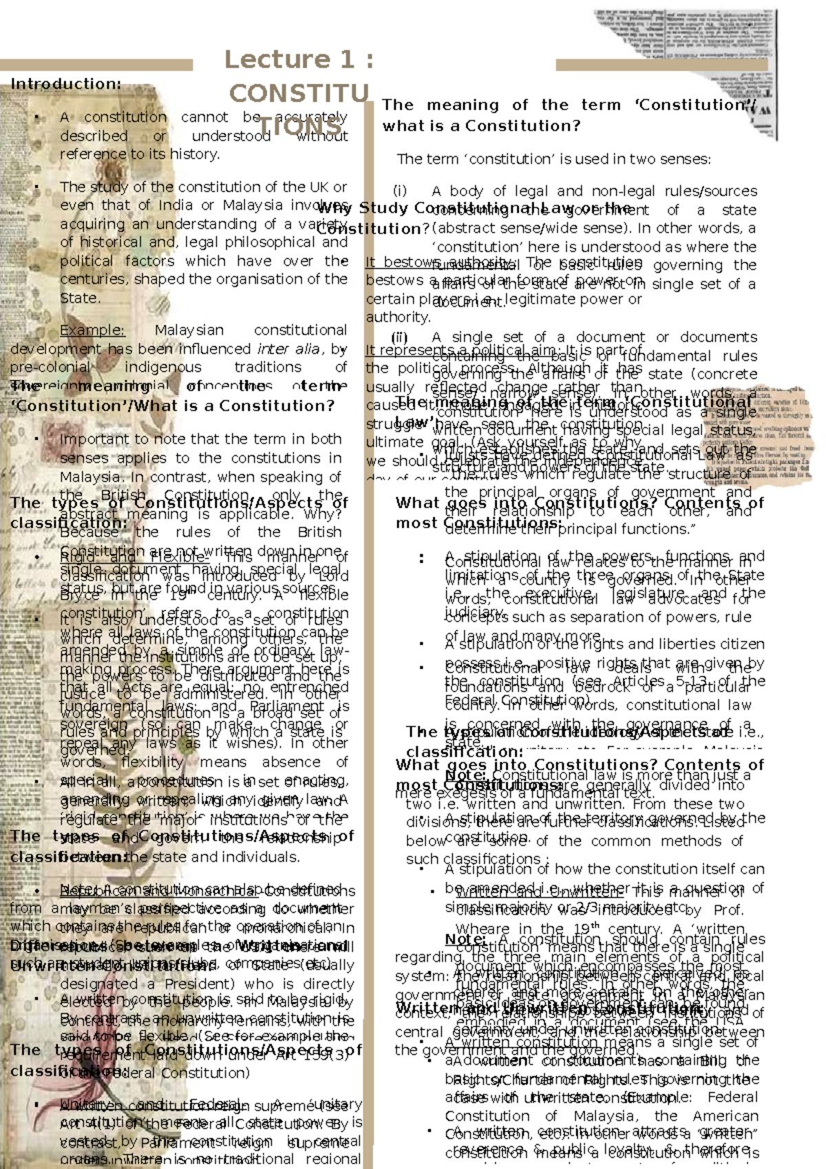 Lecture 1 Constitution - The types of Constitutions/Aspects of ...