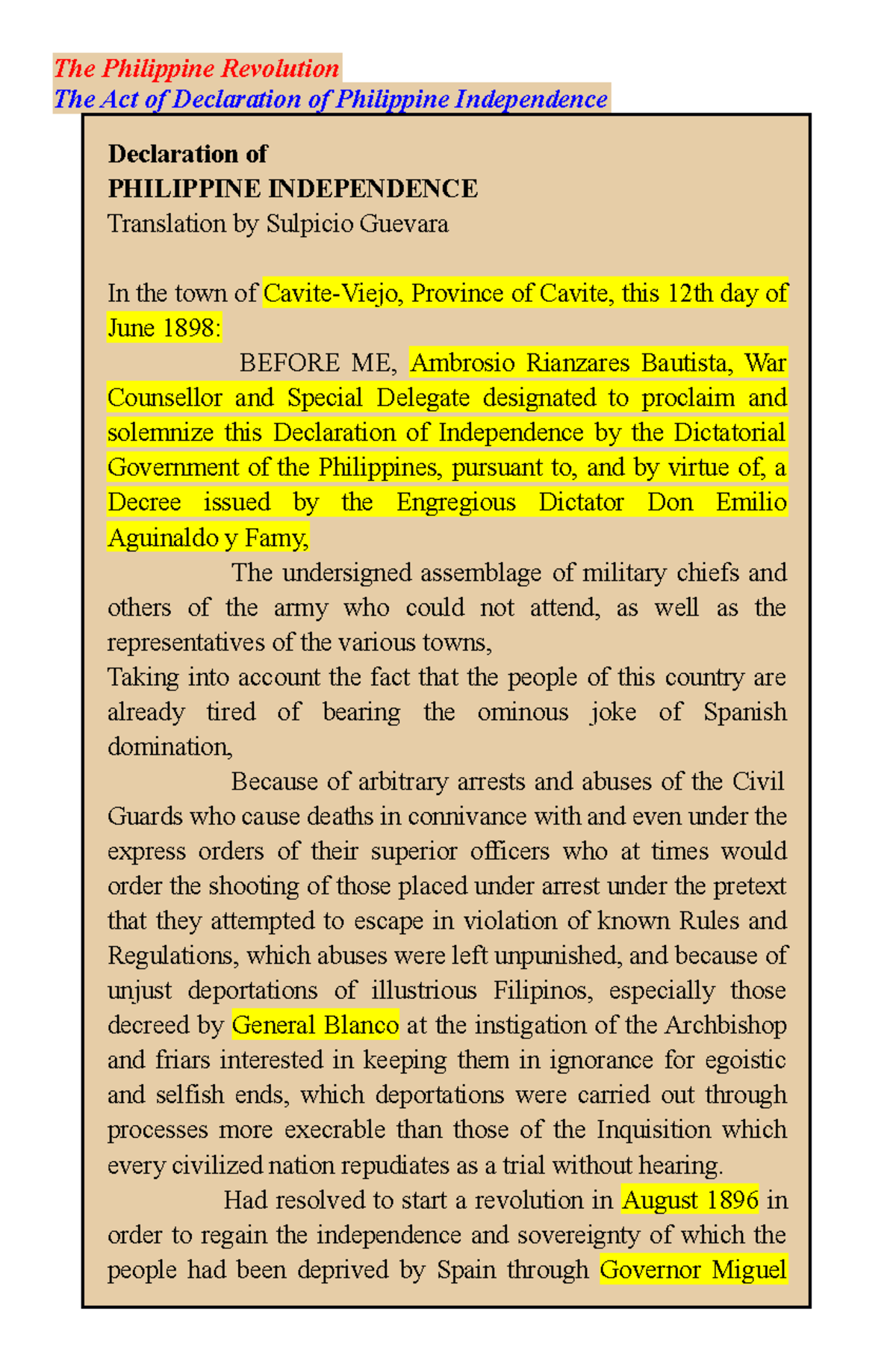 Declaration - Had resolved to start a revolution in August 1896 in ...