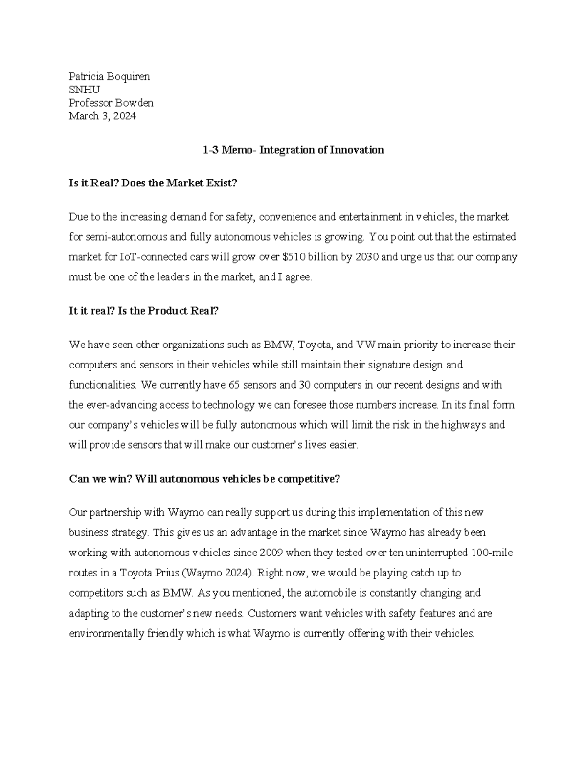 1-3 Memo- Integration of Innovation - Patricia Boquiren SNHU Professor ...