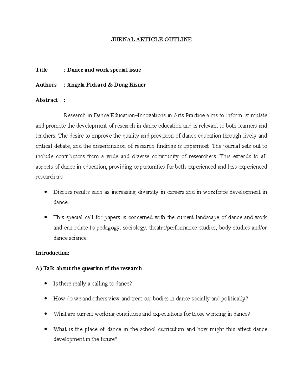 Outline - JURNAL ARTICLE OUTLINE Title : Dance and work special issue ...