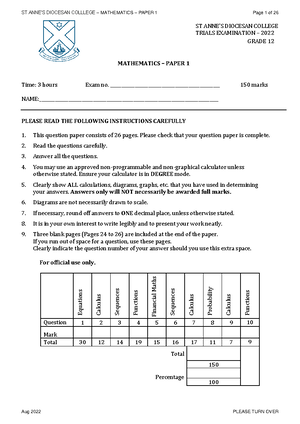2021-September-Matric Mathematics P1 Memo - mathematics grade 11 - Studocu