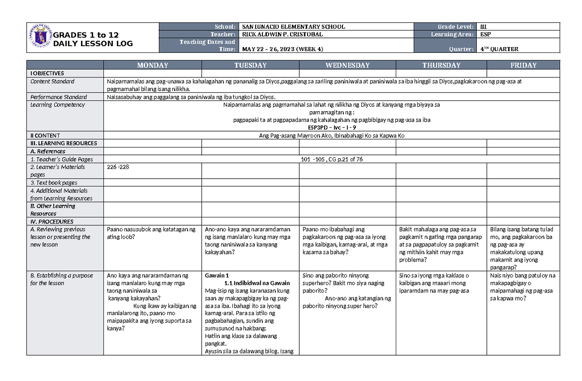 DLL ESP 3 Q4 W4 - Lesson plan in ESP - GRADES 1 to 12 DAILY LESSON LOG School: SAN IGNACIO - Studocu
