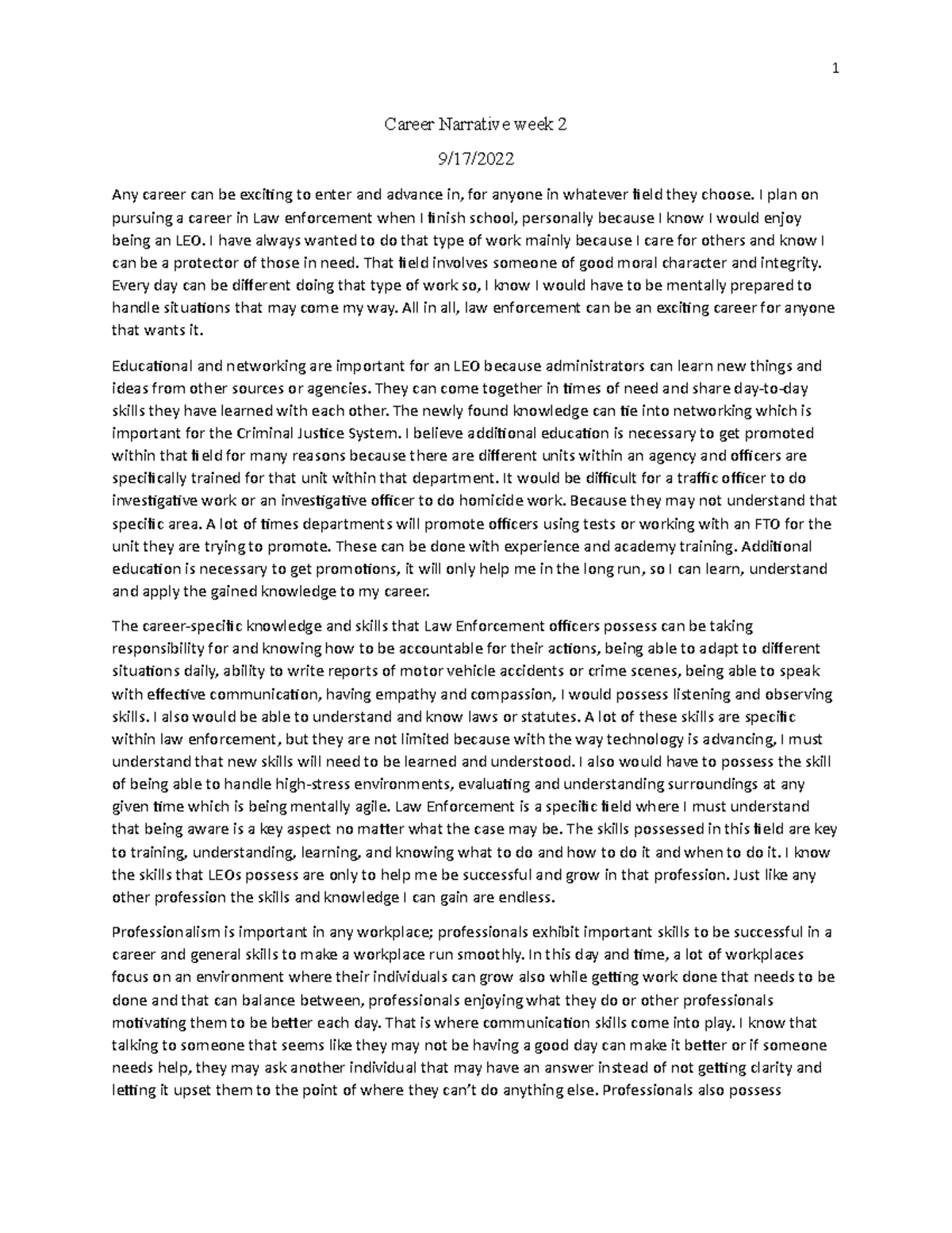 SOSC115 Career plan project wk 2 - 1 Career Narrative week 2 9/17/ Any ...