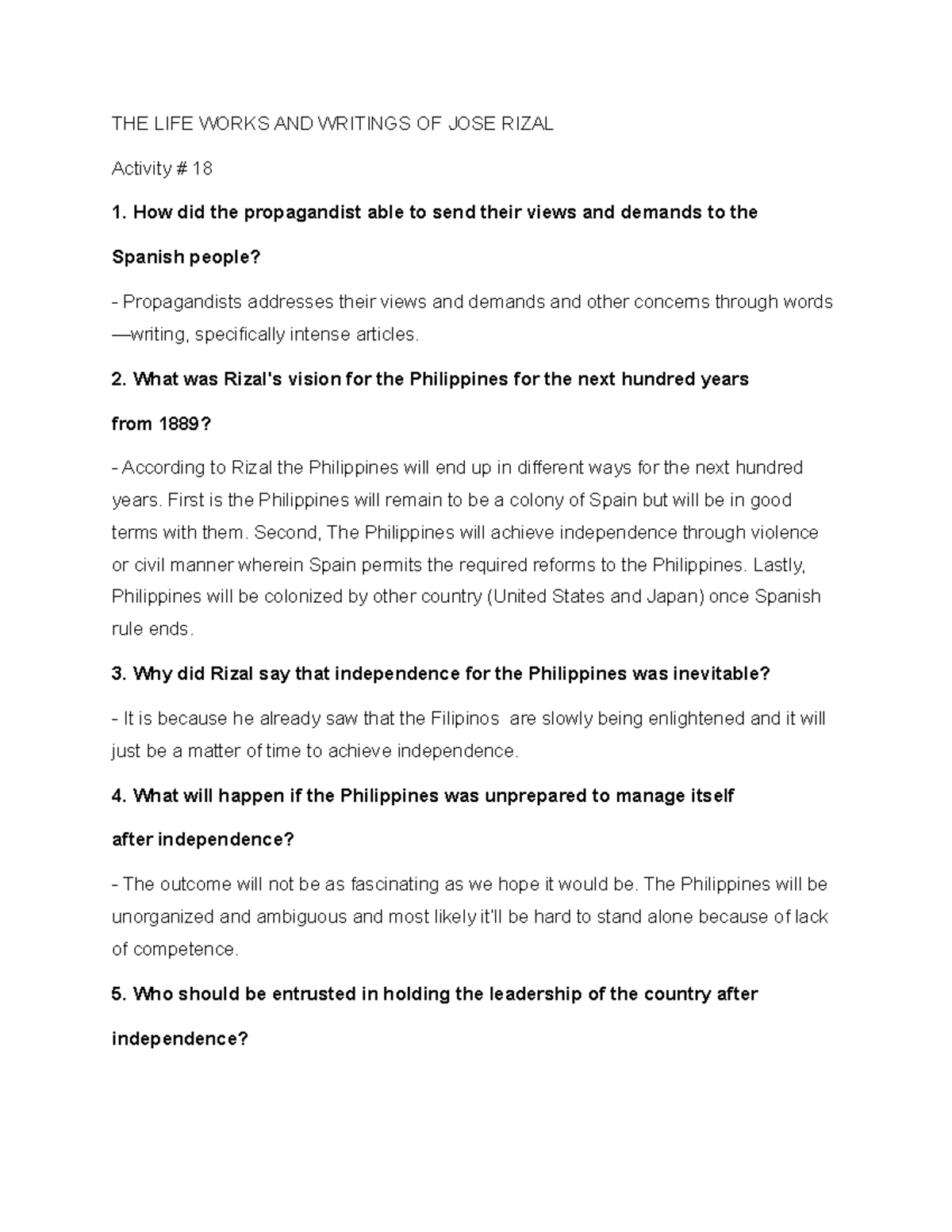 R18 - R18 RIZAL - THE LIFE WORKS AND WRITINGS OF JOSE RIZAL Activity ...