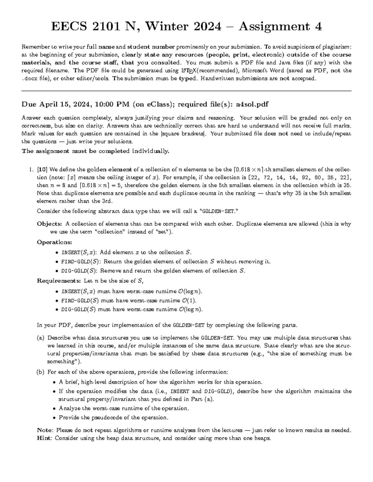 A4handout - EECS 2101 N, Winter 2024 – Assignment 4 Remember to write your full name and student ...