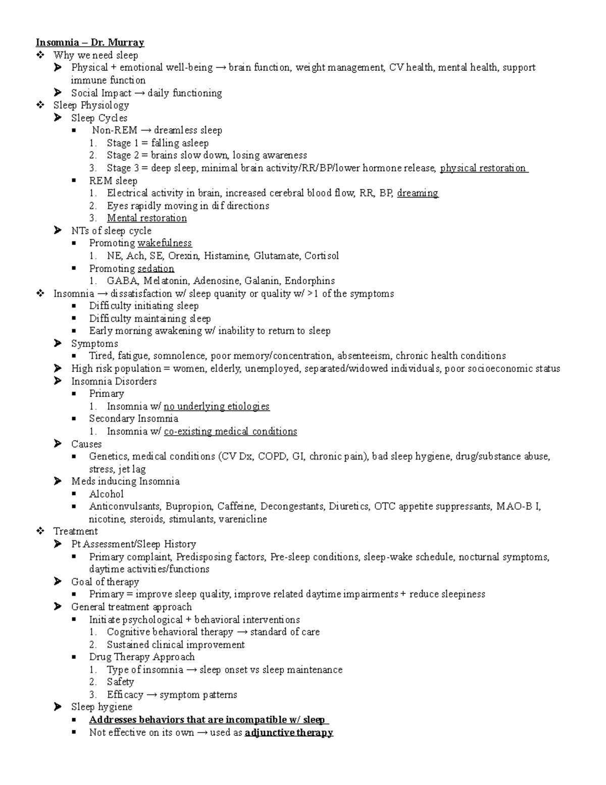 Thera II - Exam III - Insomnia – Dr. Murray Why we need sleep Physical ...