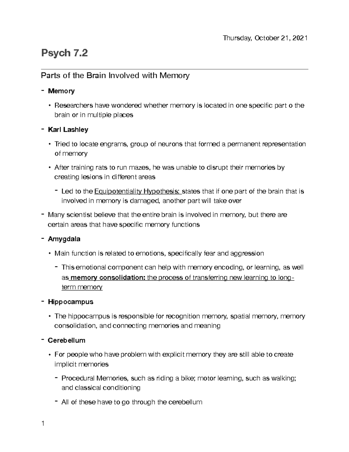 Psych 7.2- Parts of the Brain Involved with Memory - Thursday, October ...