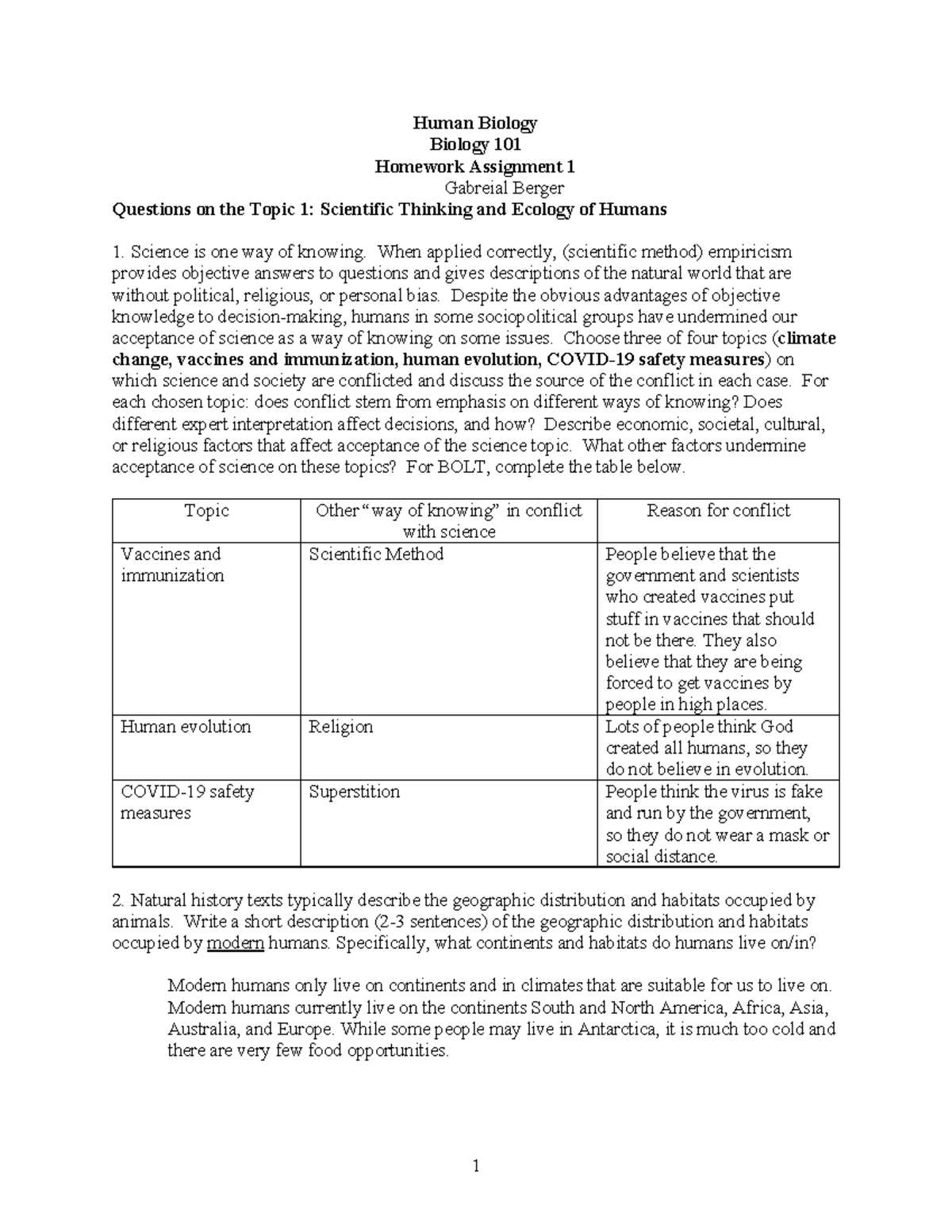 Human bio homework 1 2023 - Human Biology Biology 101 Homework ...