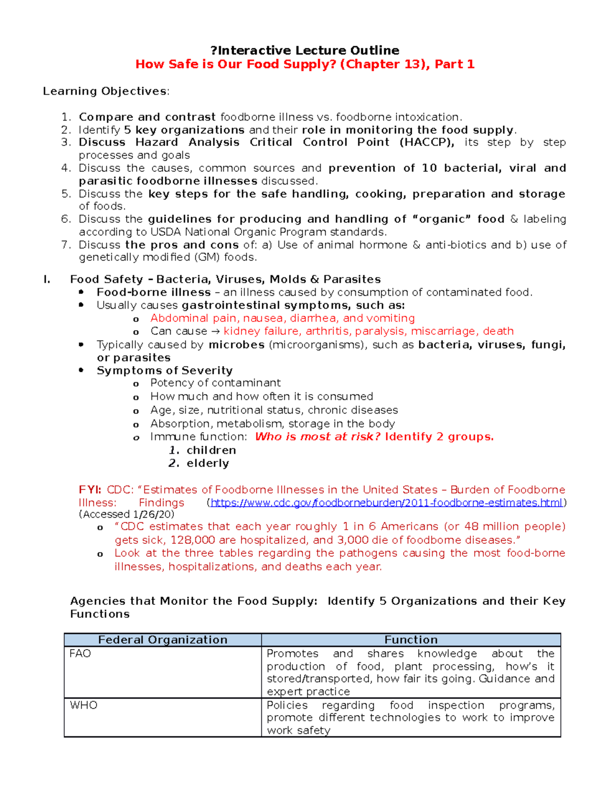 Chapter 13 Student Outline - How Safe is our Food Supply, Part 1 ...