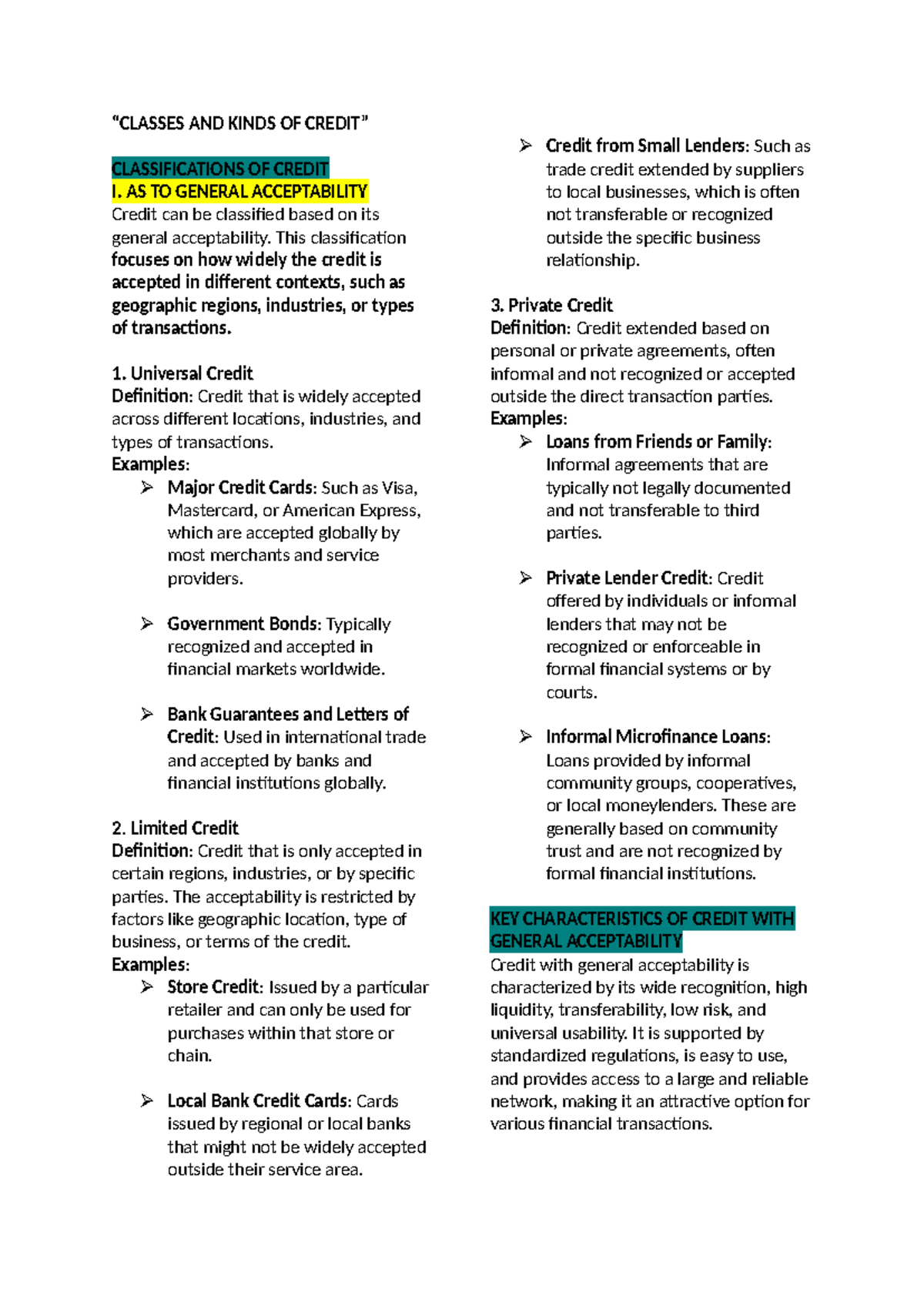 Classes AND Kinds OF Credit - “CLASSES AND KINDS OF CREDIT ...