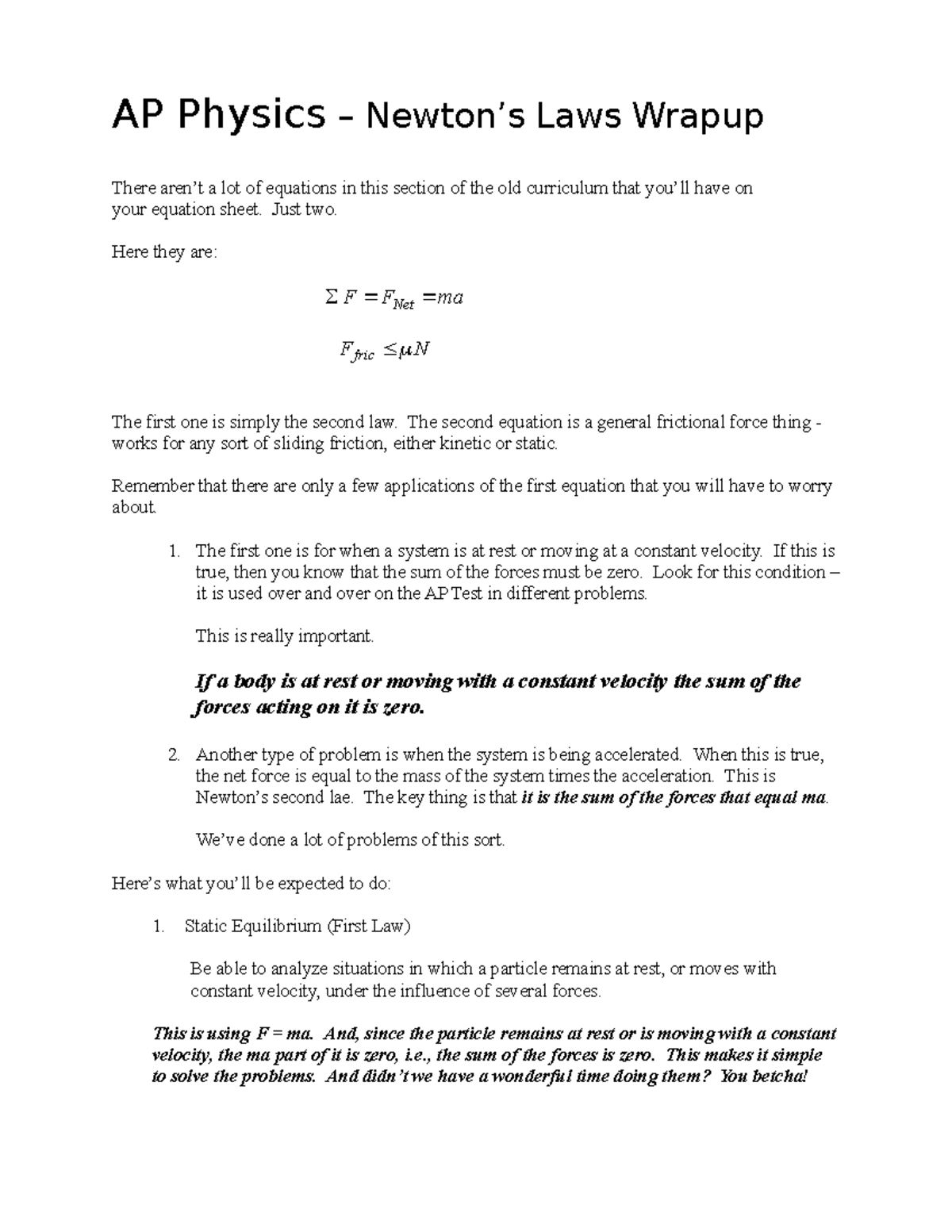 4 - newtons law wrapup - Lecture notes 1-2 - AP Physics – Newton’s Laws ...