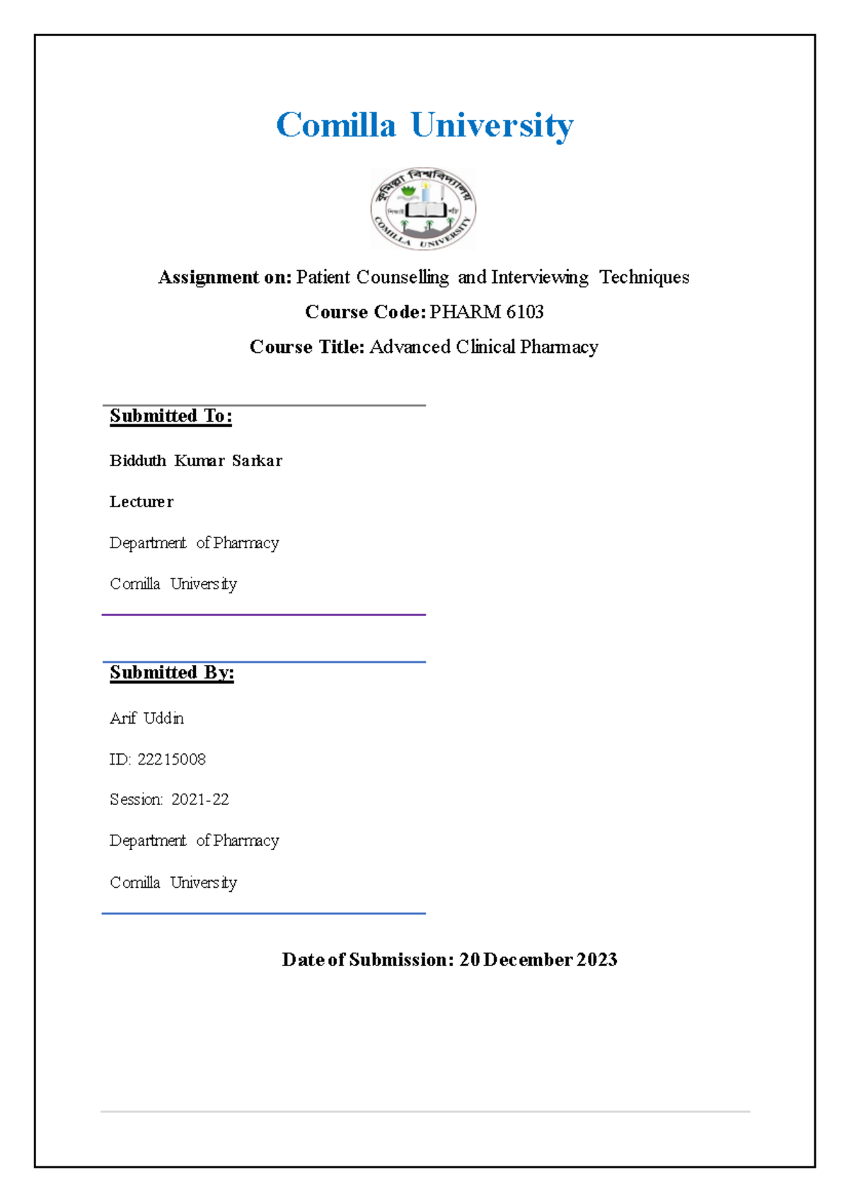 22215008 - Sghxx - Comilla University Assignment on: Patient Counselling and Interviewing ...