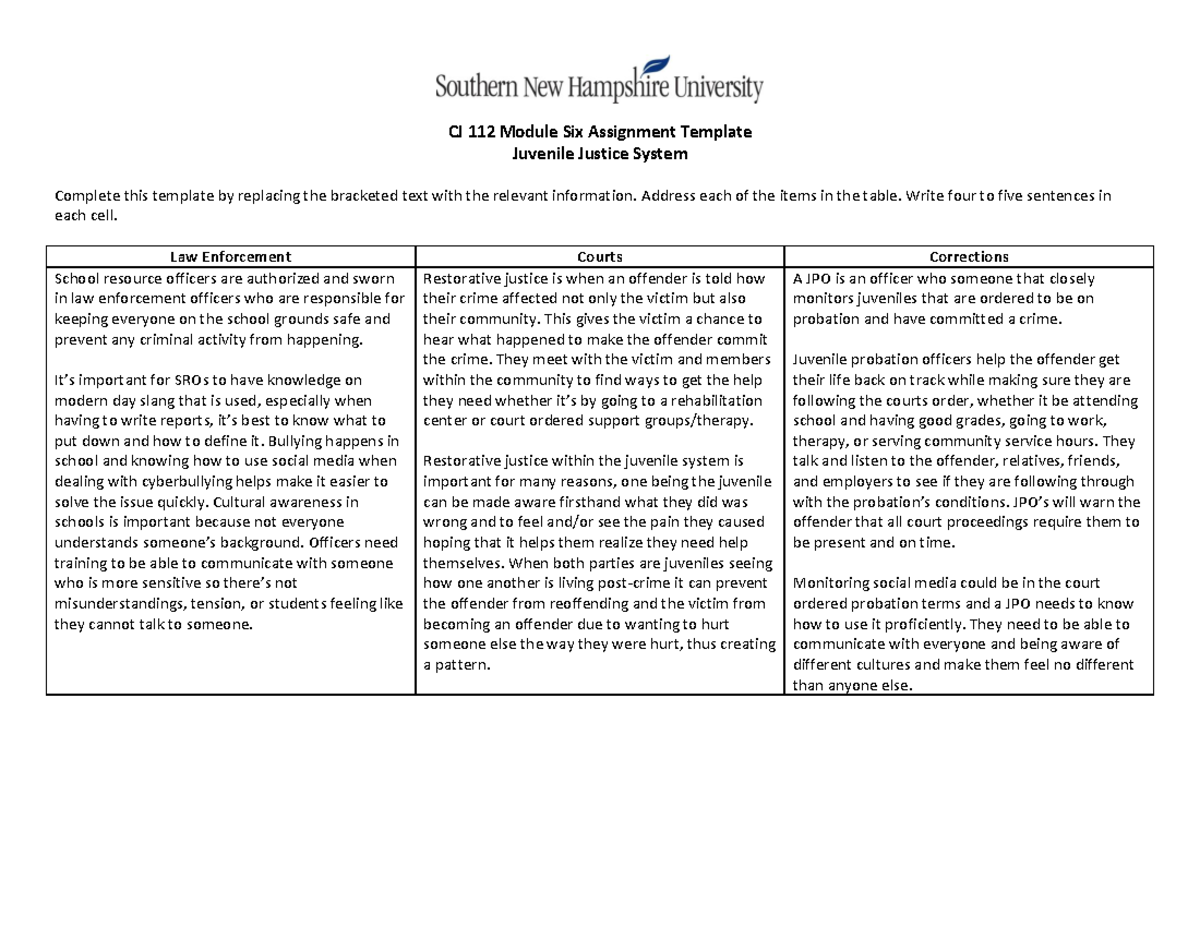CJ 112 Juvenile Justice Template - CJ 112 Module Six Assignment Template Juvenile Justice System ...