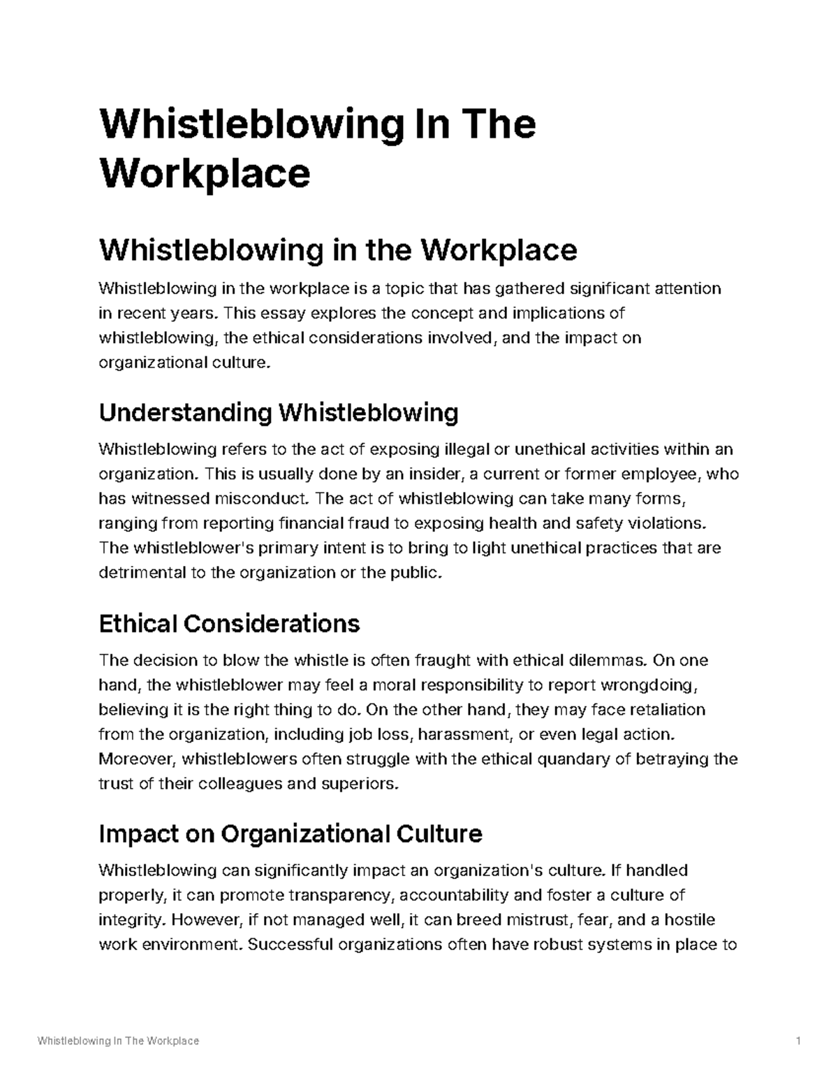 Whistleblowing in the workplace - This essay explores the concept and ...