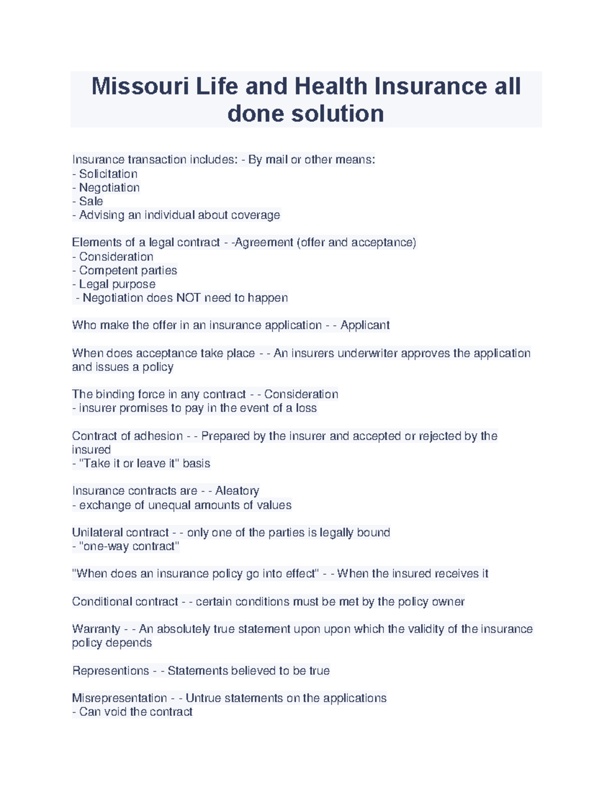 Missouri Life and Health Insurance all done solution - Missouri Life ...