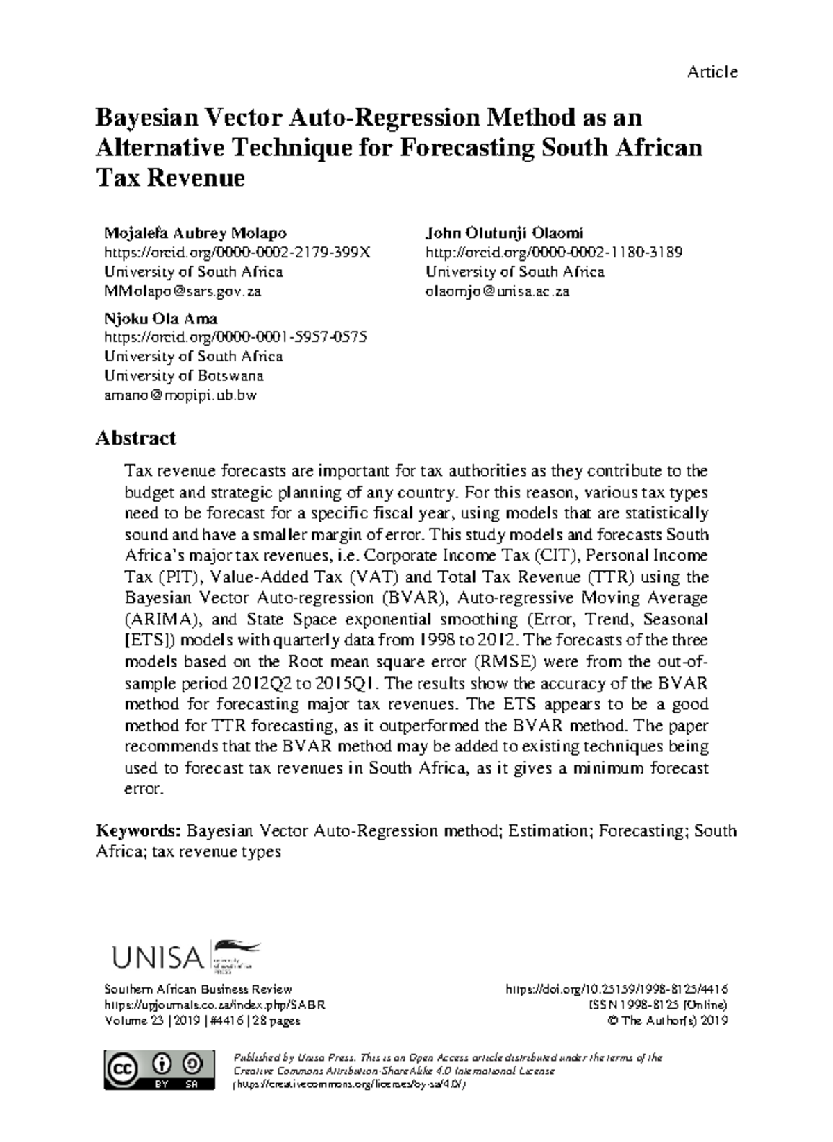 Bayesian Vector Auto Regression Method a - Article Southern African ...