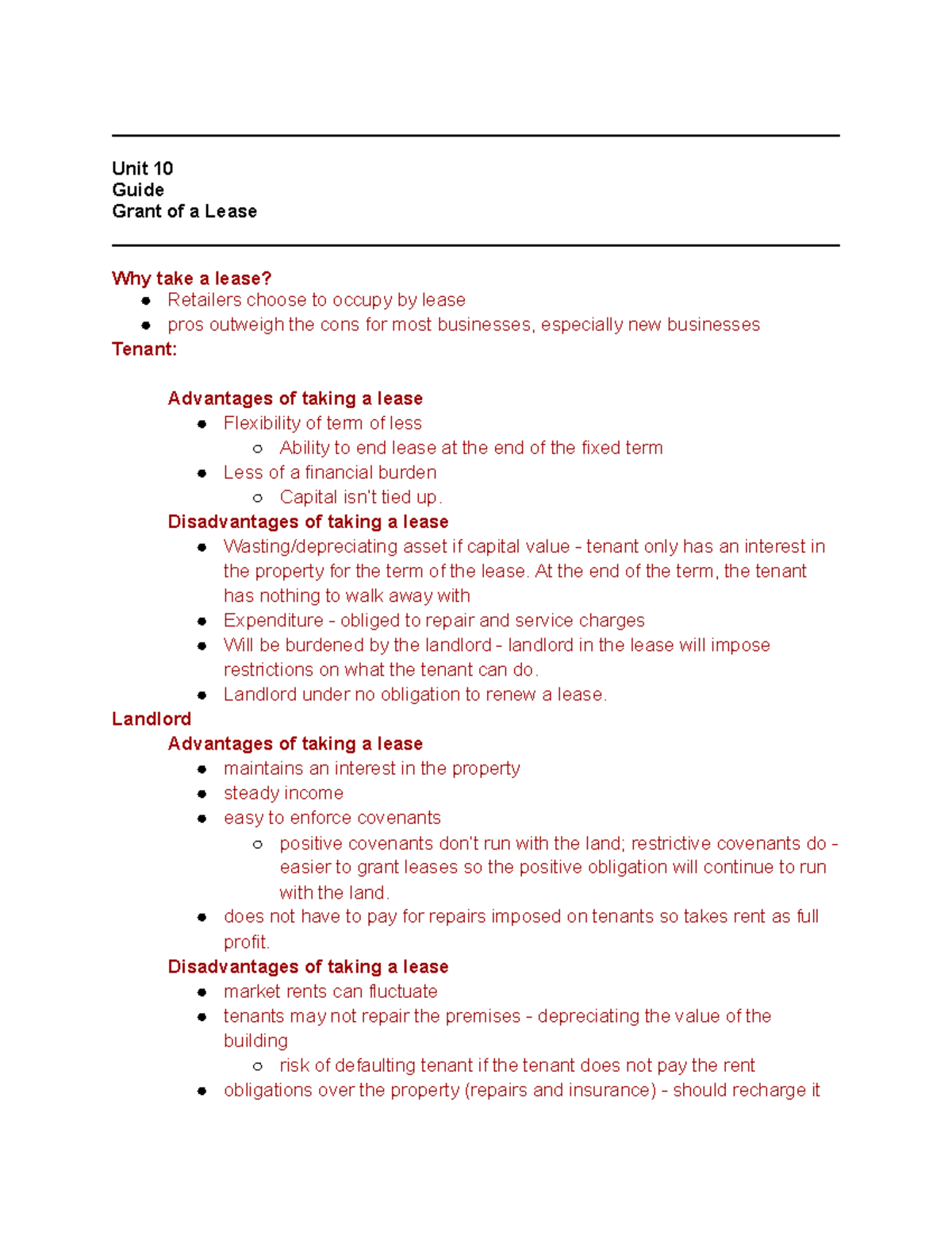 Revision Workshop 10 Notes - Unit 10 Guide Grant of a Lease Why take a ...