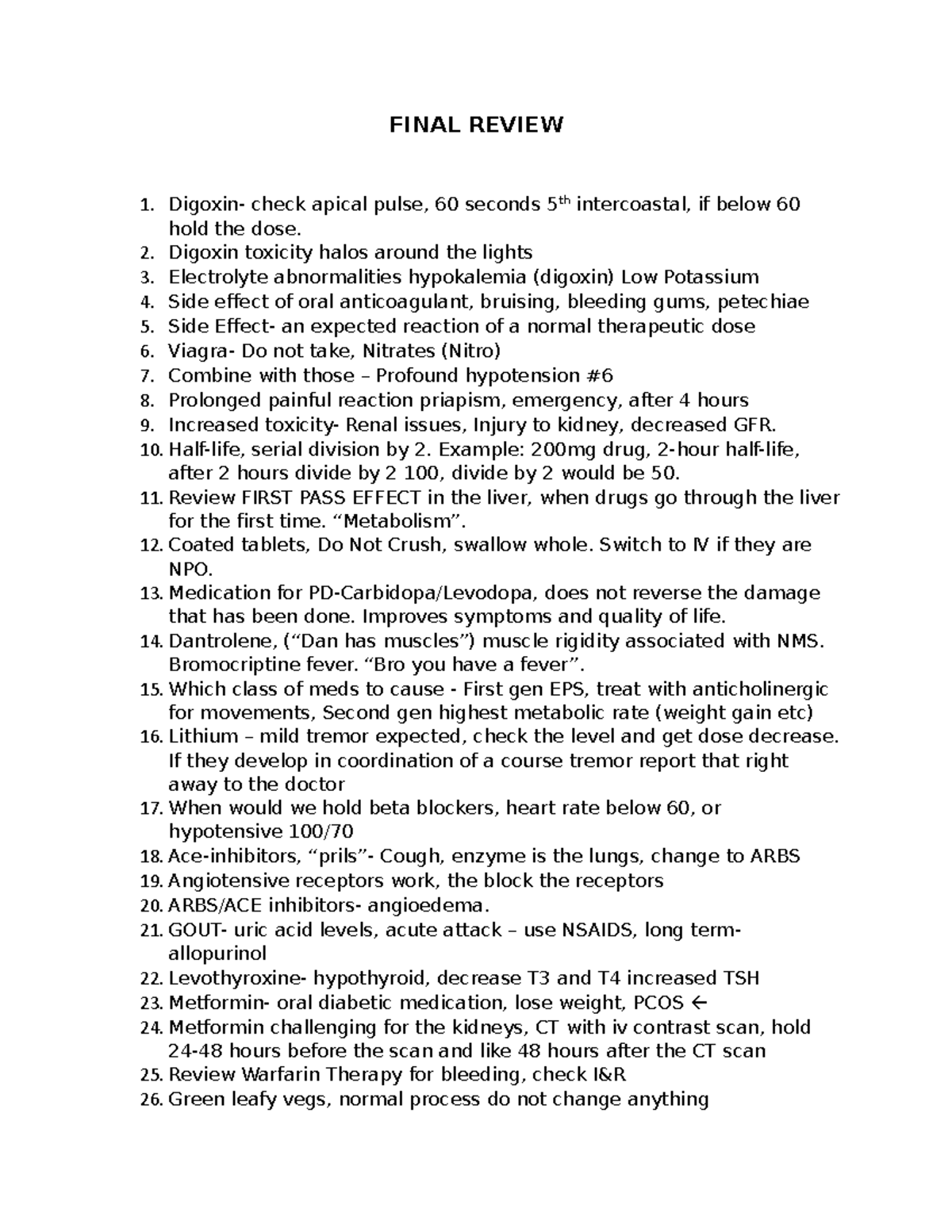 Final Review - FINAL REVIEW Digoxin- check apical pulse, 60 seconds 5th ...