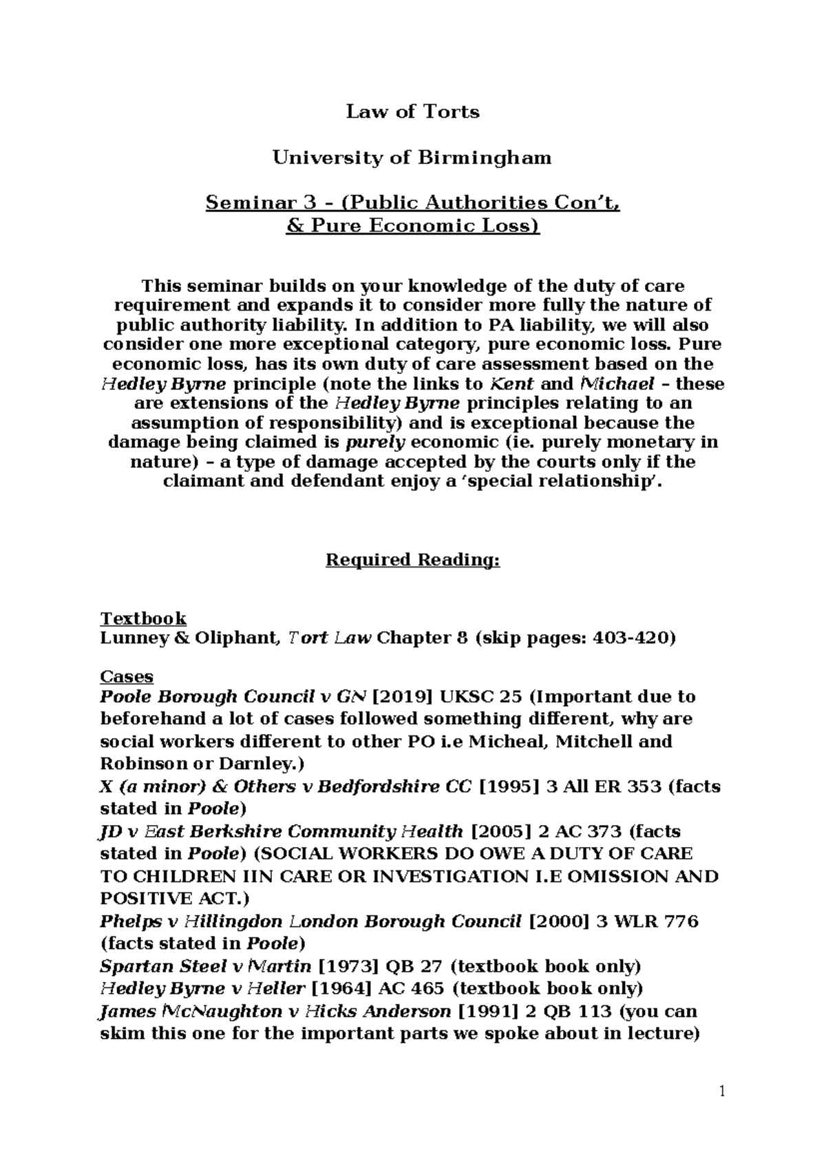 Tort Law- Seminar 3 - Law of Torts University of Birmingham Seminar 3 ...