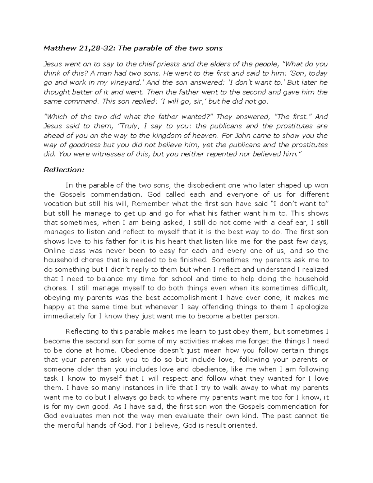 Religious Education - Bionote Final Revision Bionote - Matthew 21,28-32 ...