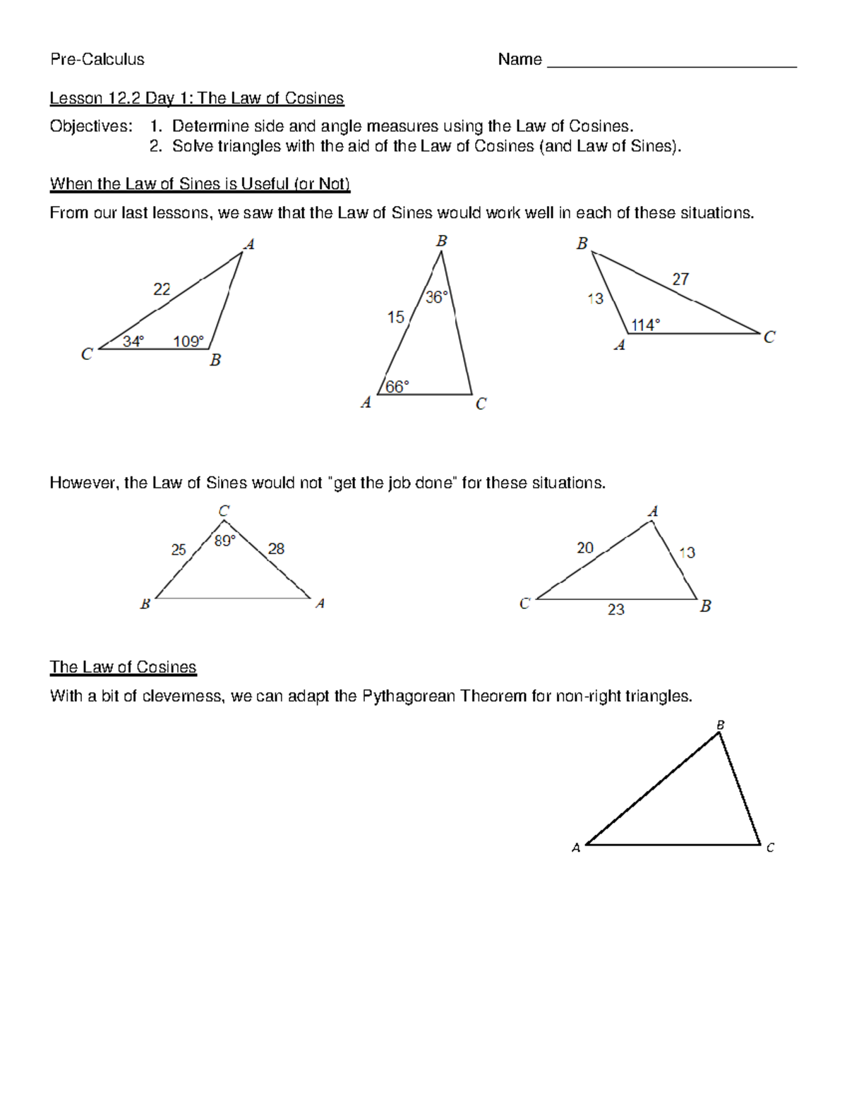 PC 12.2 Day 1 Lesson The Law of Cosines - Pre-Calculus Name ...