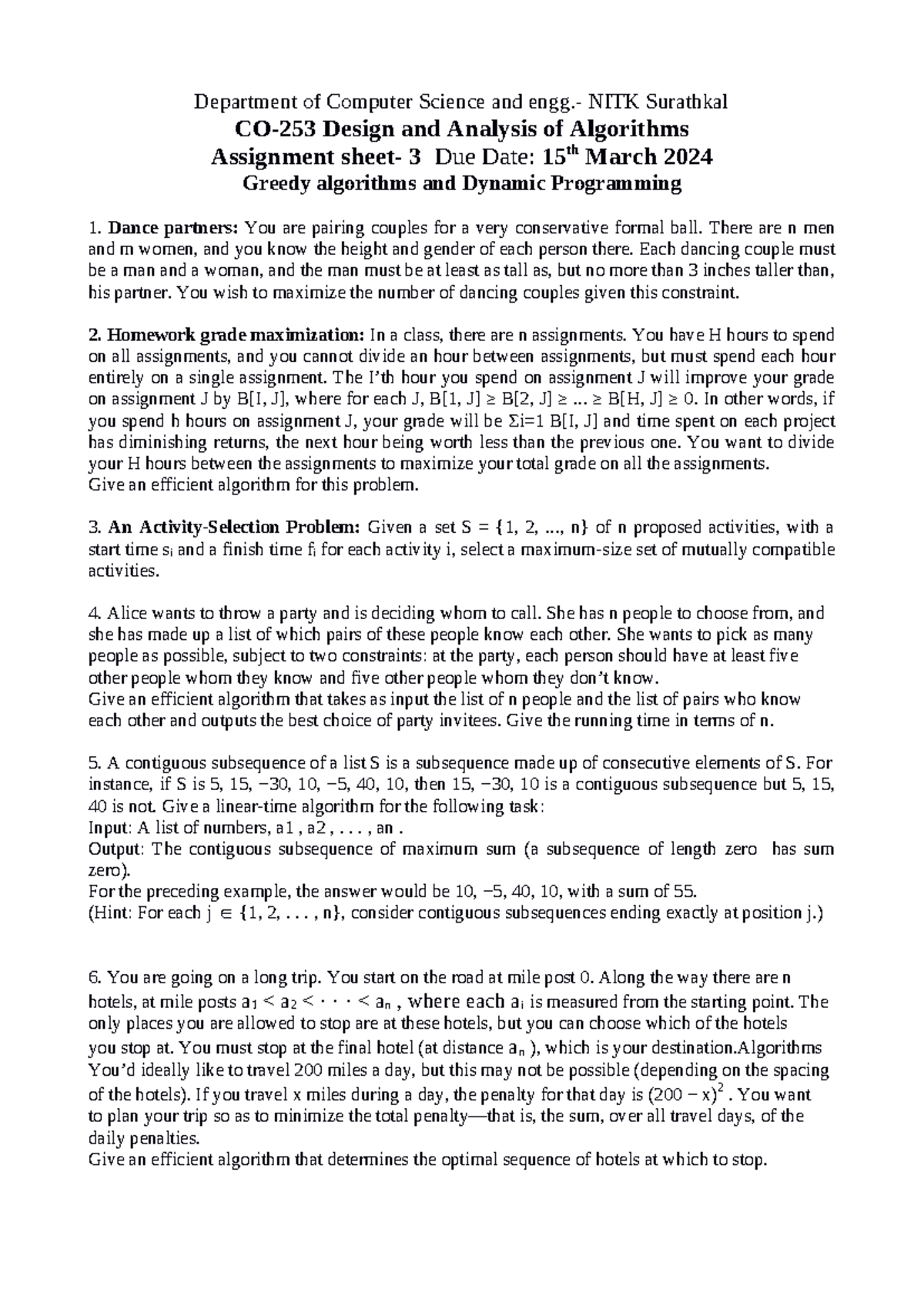 Dp And Greedy Exercises Department Of Computer Science And Engg Nitk Surathkal Co 253 Design 9330