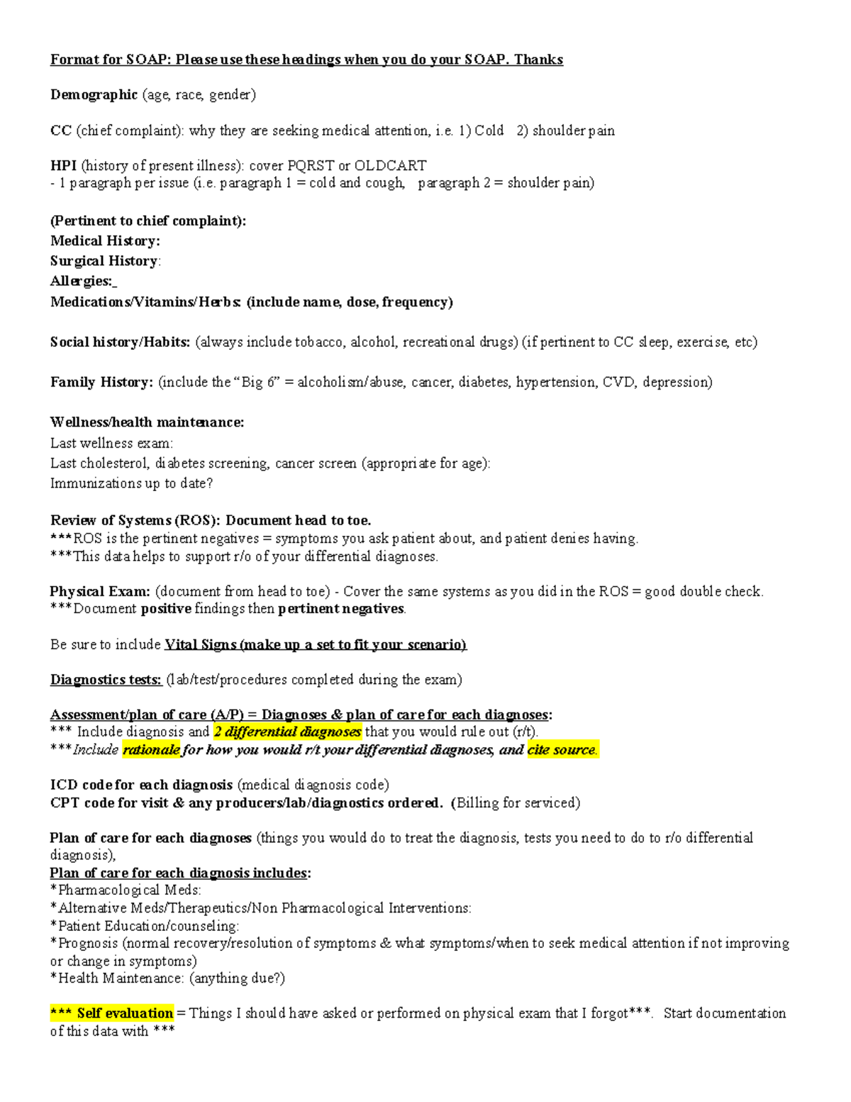 SOAP NOTE Template - Format for SOAP: Please use these headings when ...