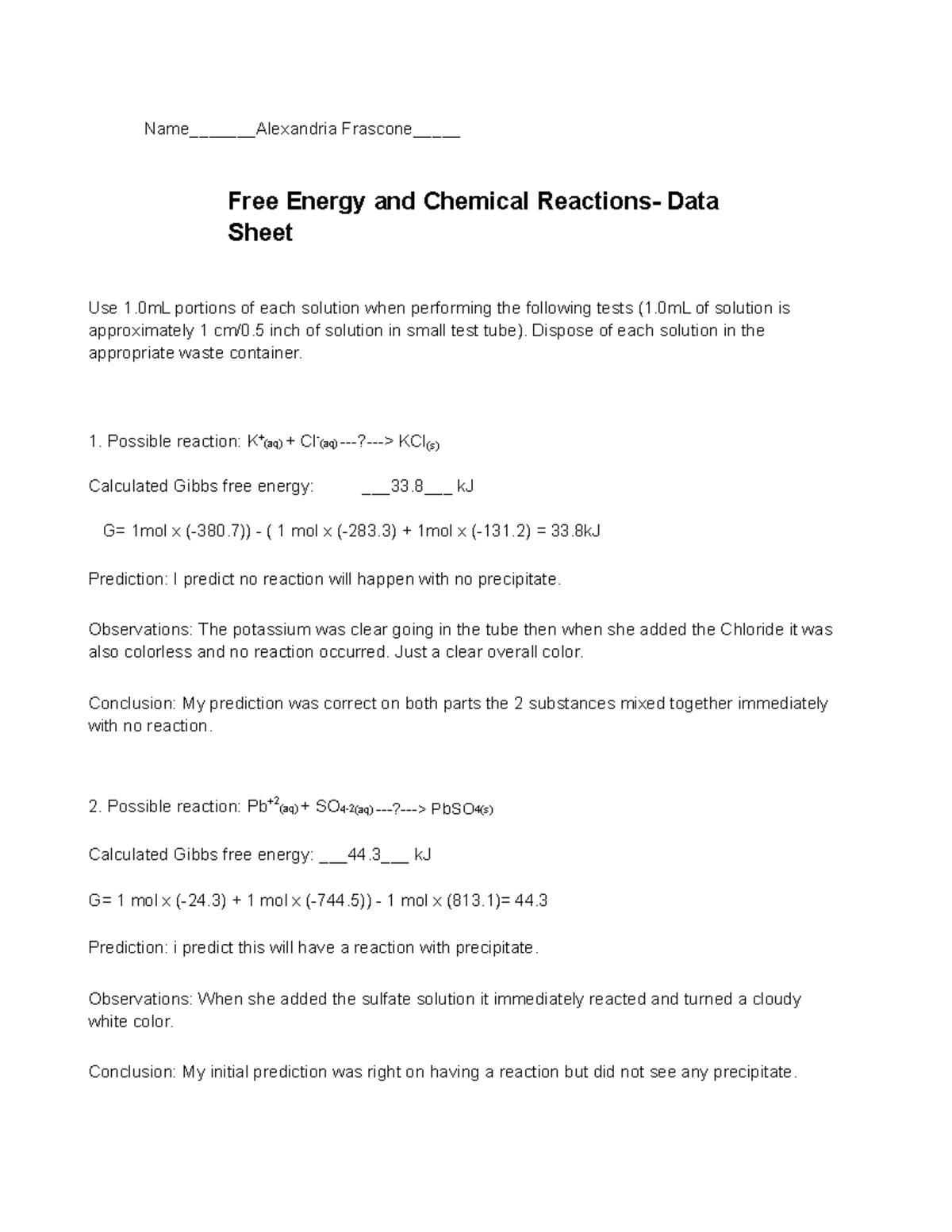 Free Energy - lab example - Name_______Alexandria Frascone_____ Free ...