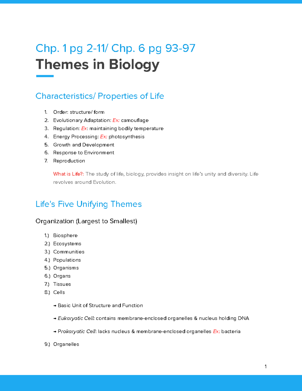 Part 1 of Notes Introduction Themes in Biology - Chp. 1 pg 2-11/ Chp. 6 ...