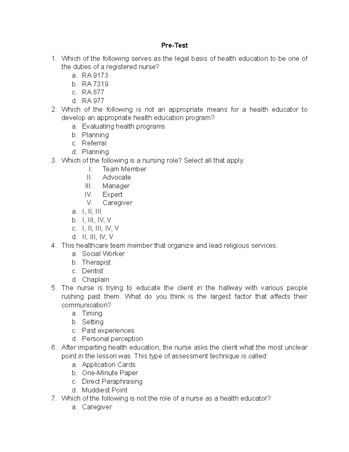 Pre-Test (Health Education) - Pre-Test Which of the following serves as ...